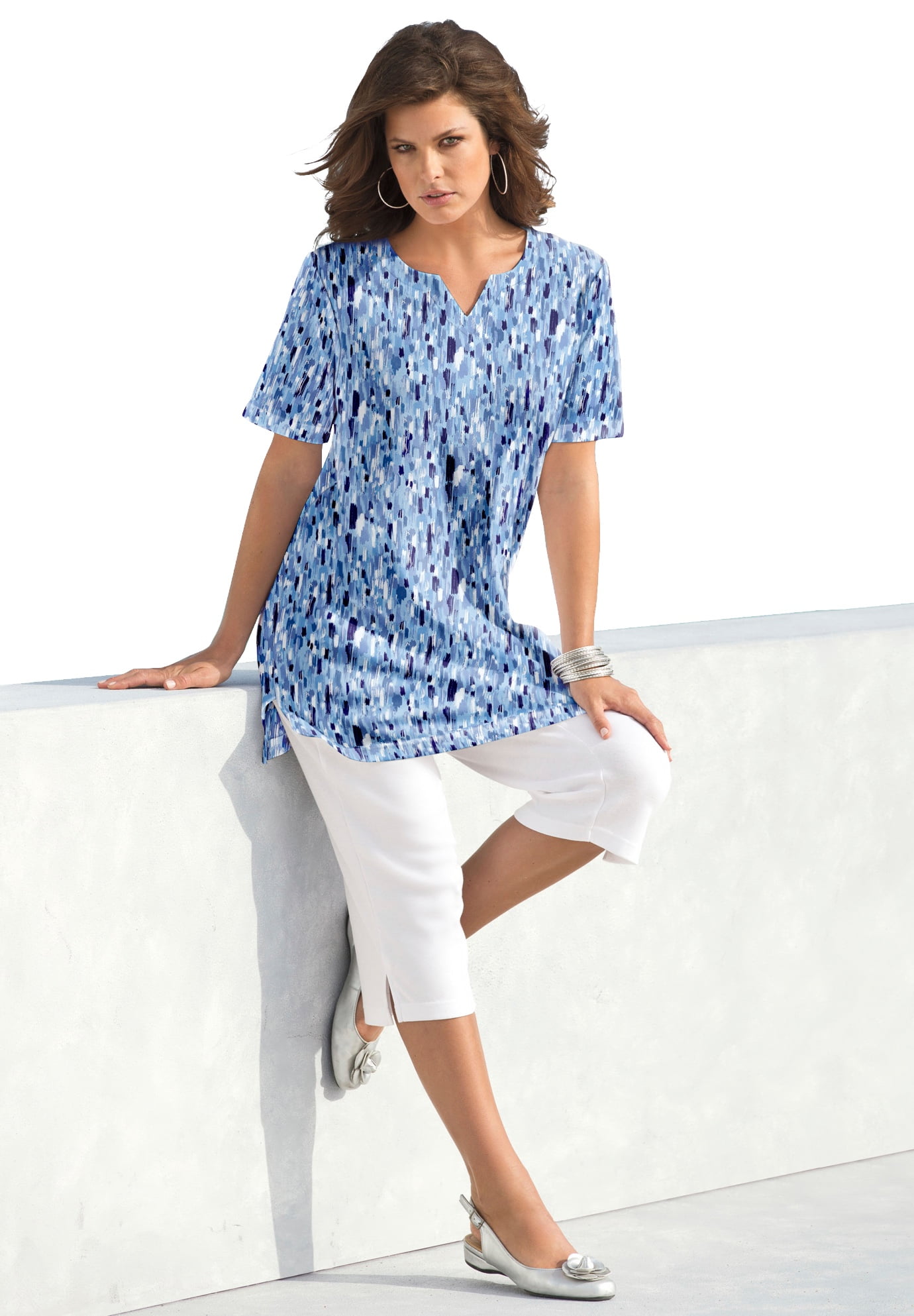 Roaman's Women's Plus Size Soft Knit Print Tunic With Notch Neckline ...
