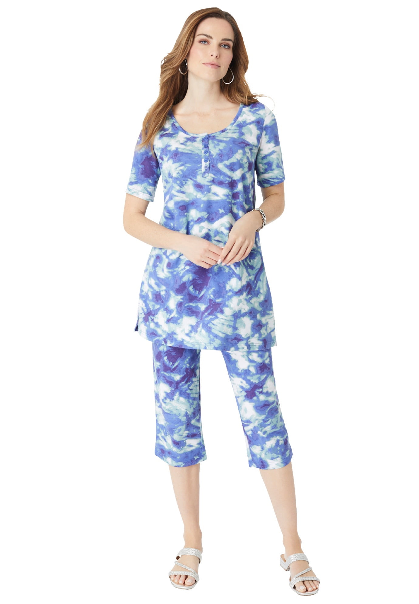 Roaman's Women's Plus Size Printed Henley Capri Set - Walmart.com