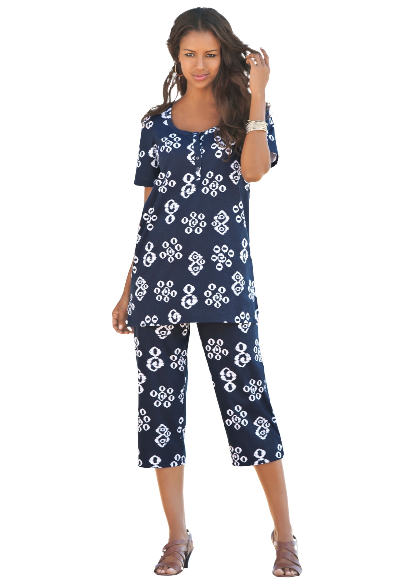 Roaman's Women's Plus Size Printed Henley Capri Set - Walmart.com