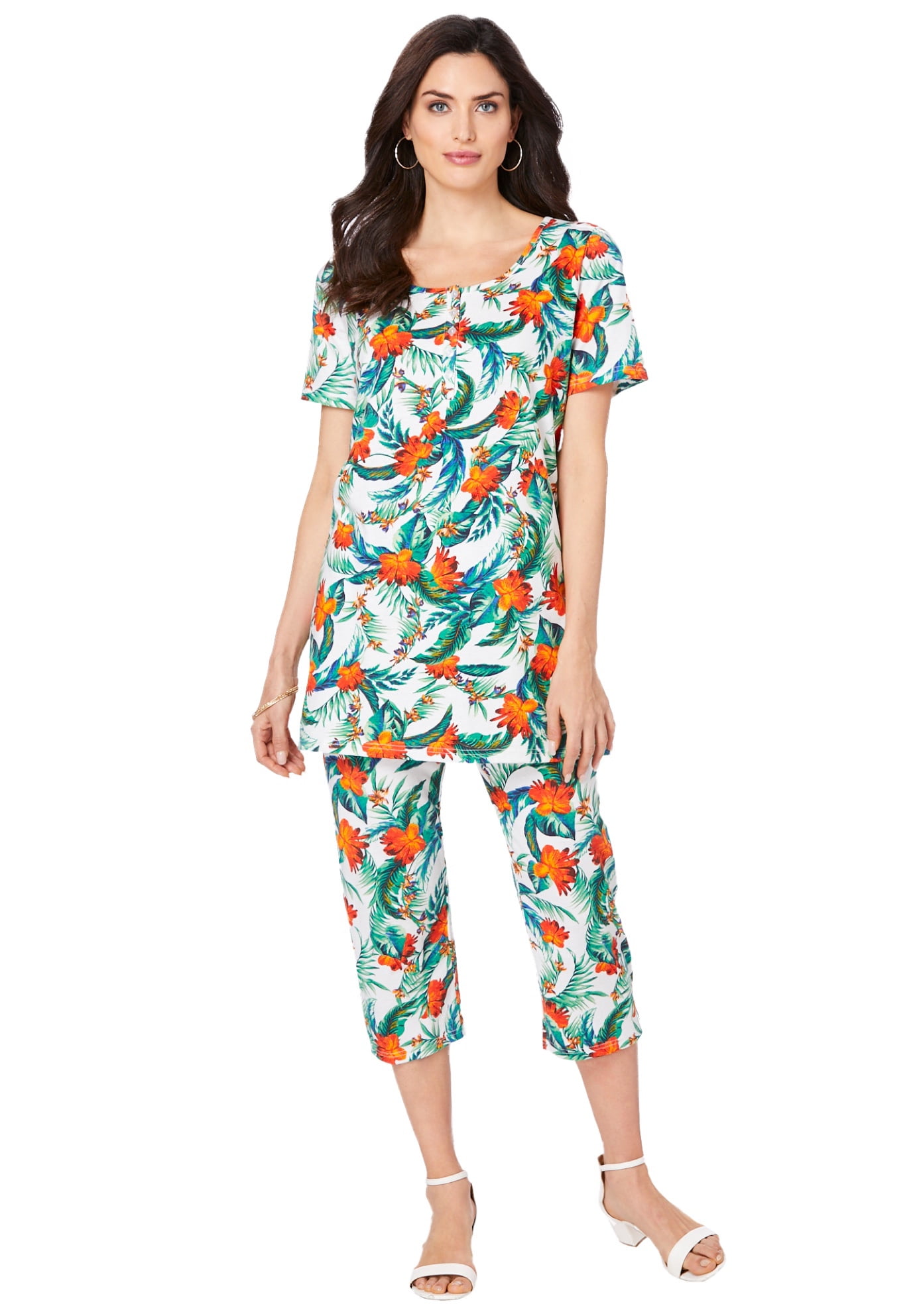 Roaman's Women's Plus Size Printed Henley Capri Set - Walmart.com