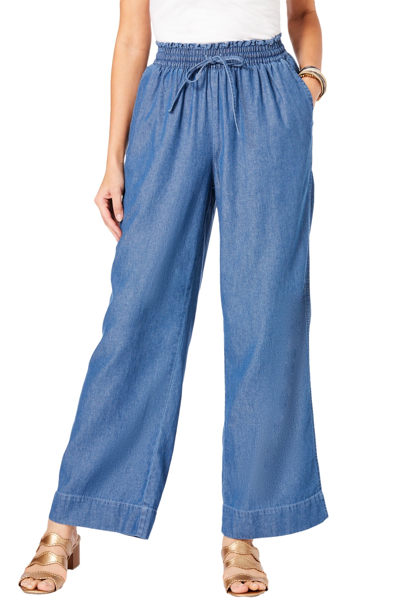 Roaman's Women's Plus Size Pull On Wide Leg Chambray Pant - Walmart.com