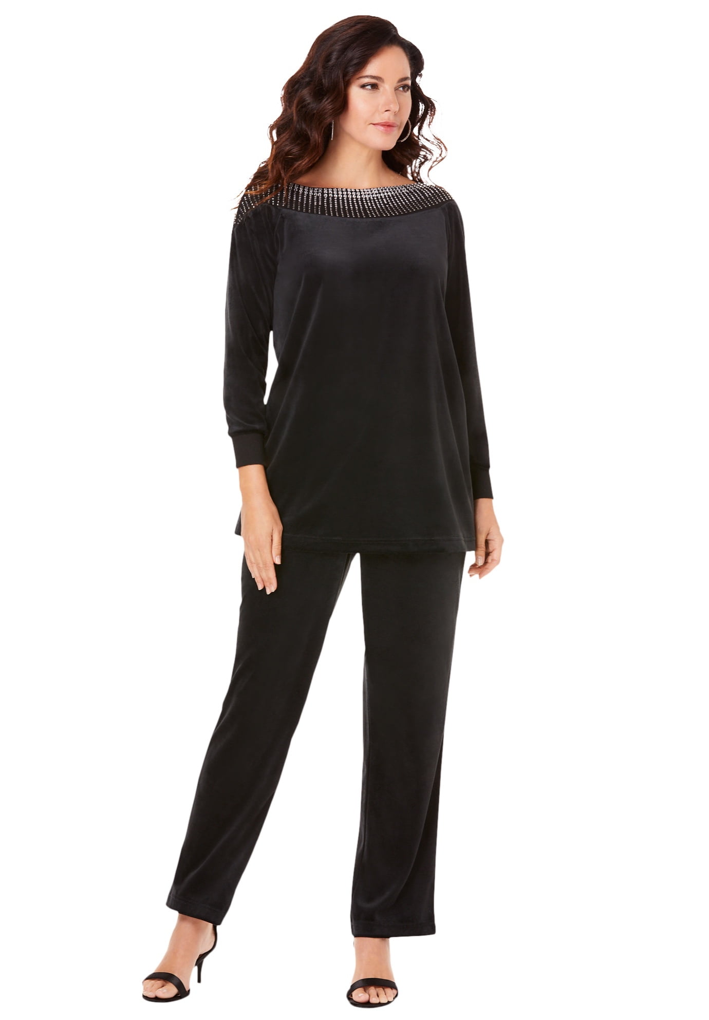 Roaman's Women's Plus Size Rhinestone-Detailed Velour Set - Walmart.com