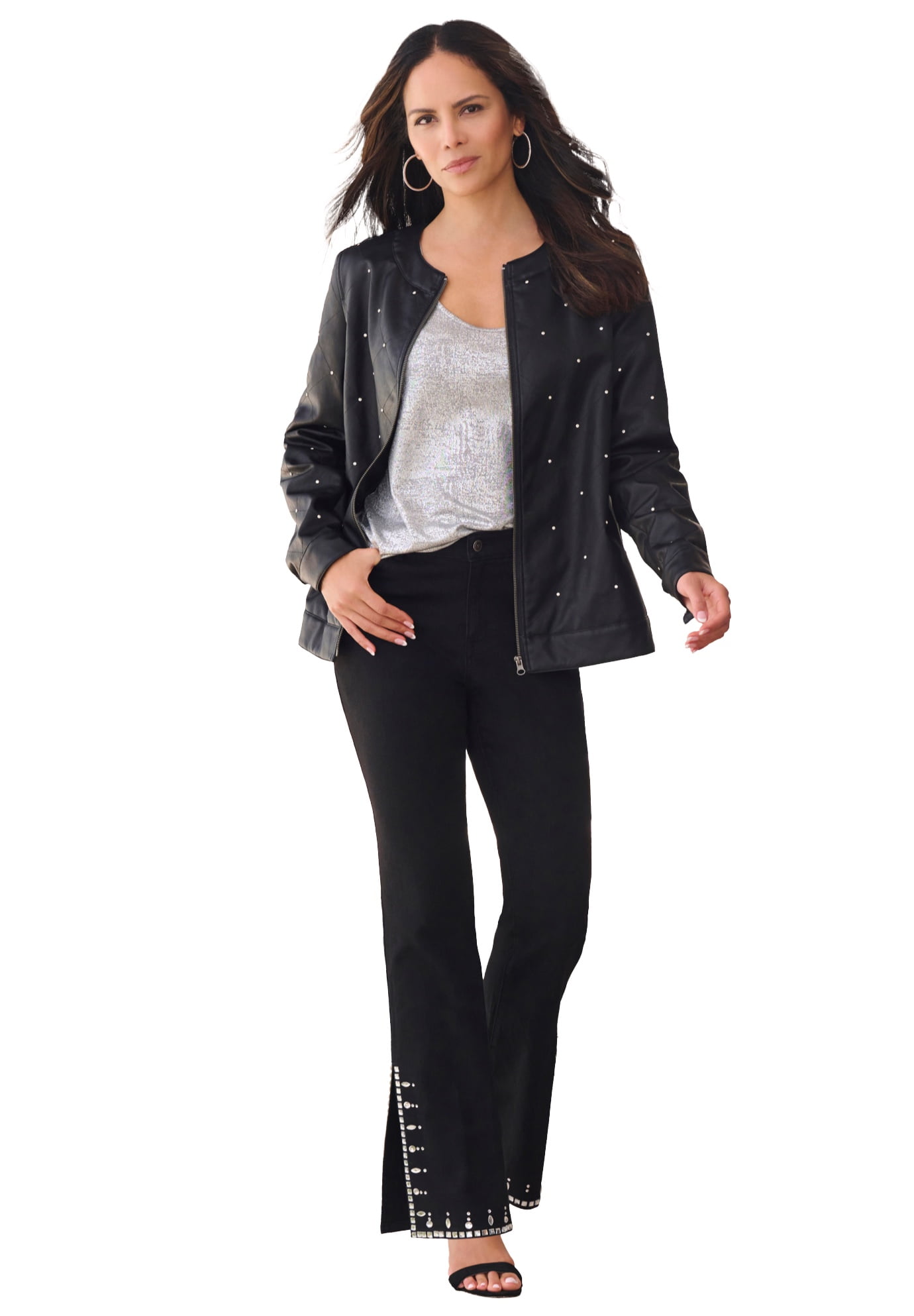 Roaman's Women's Plus Size Rhinestone-Studded Bomber Jacket - Walmart.com