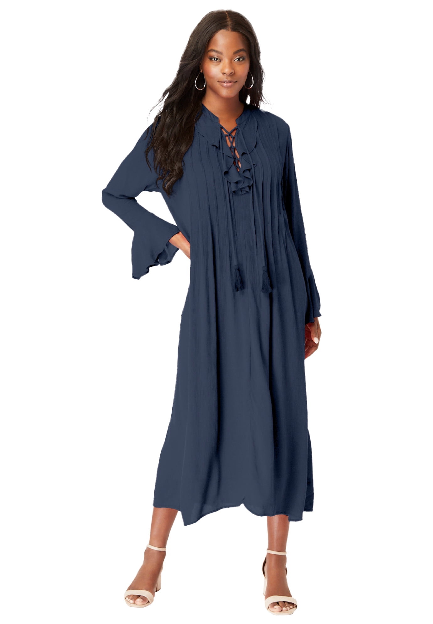 Roaman's Women's Plus Size Ruffle Pintuck Crinkle Dress - Walmart.com