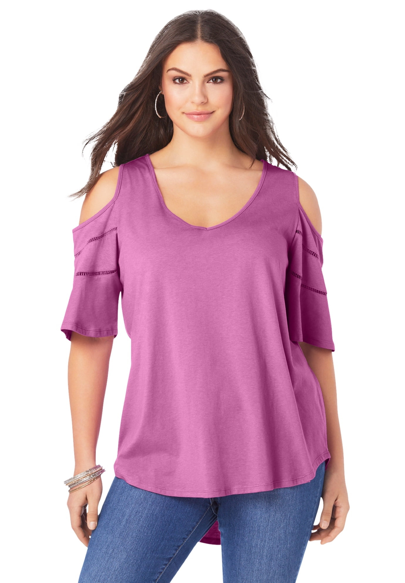Roaman's Women's Plus Size Ruffle-Sleeve Top With Cold Shoulder Detail ...
