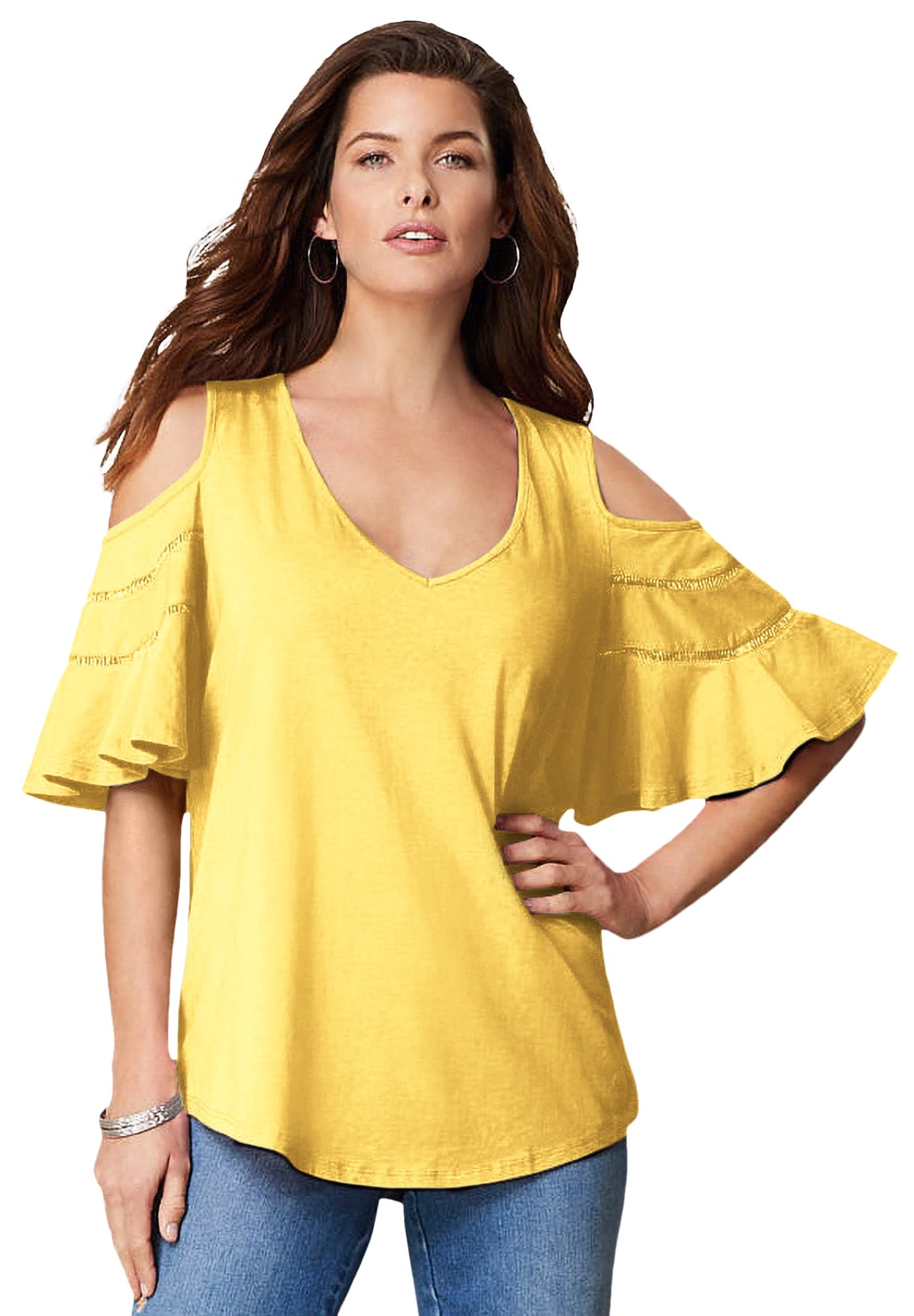 Roaman's Women's Plus Size Ruffle-Sleeve Top With Cold Shoulder Detail ...