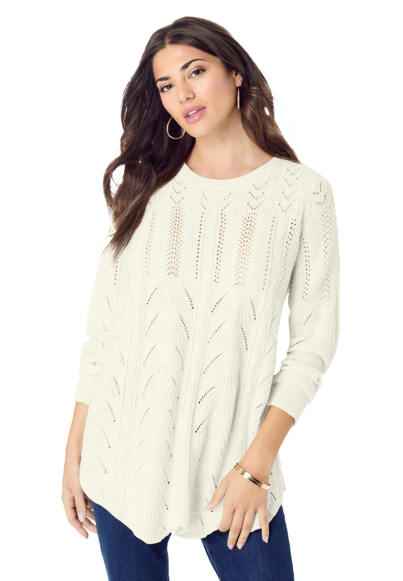 Roaman's Women's Plus Size Scallop Hem Pointelle Sweater - Walmart.com