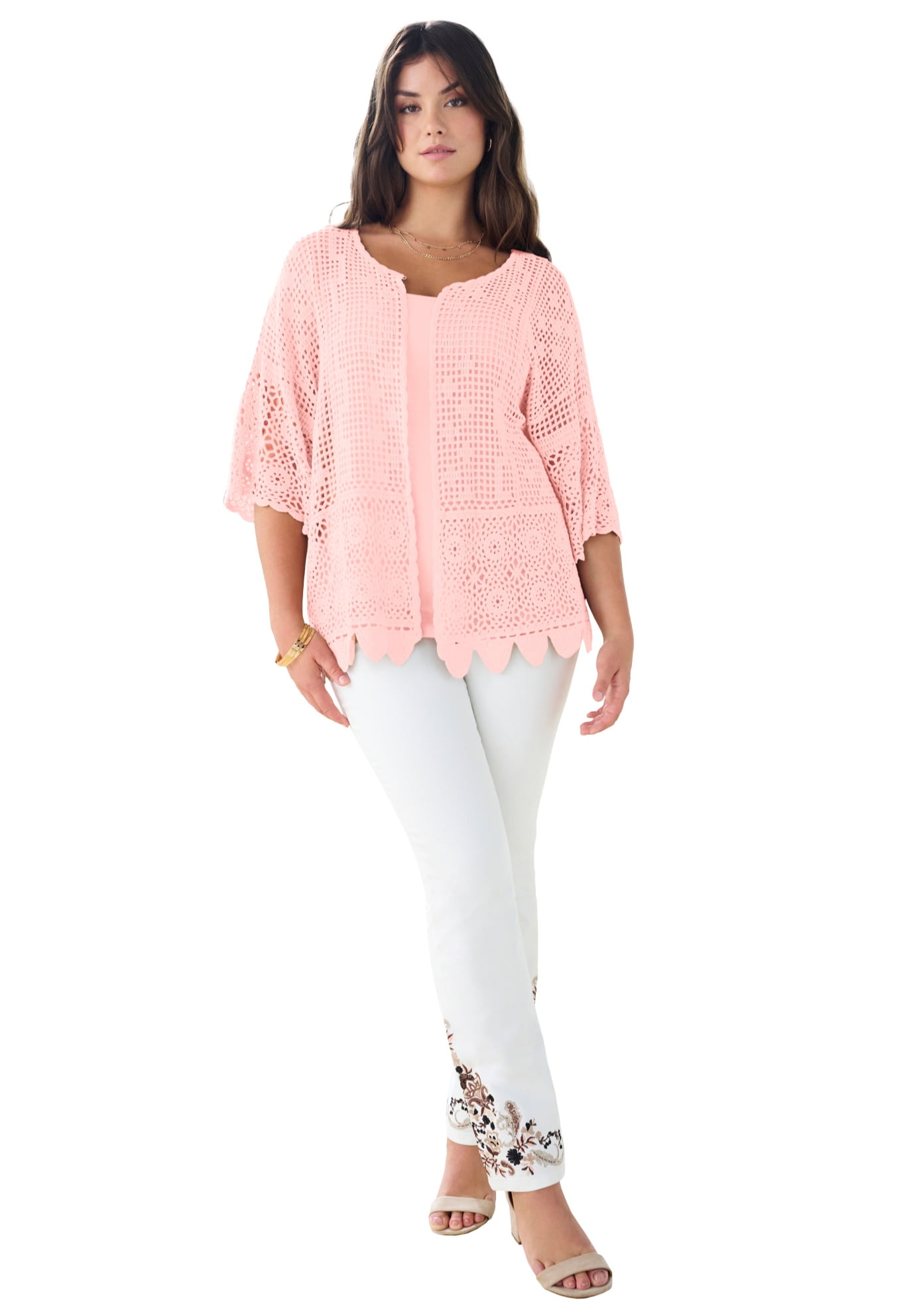 Roaman's Women's Plus Size Scallop Trim Crochet Cardigan - Walmart.com