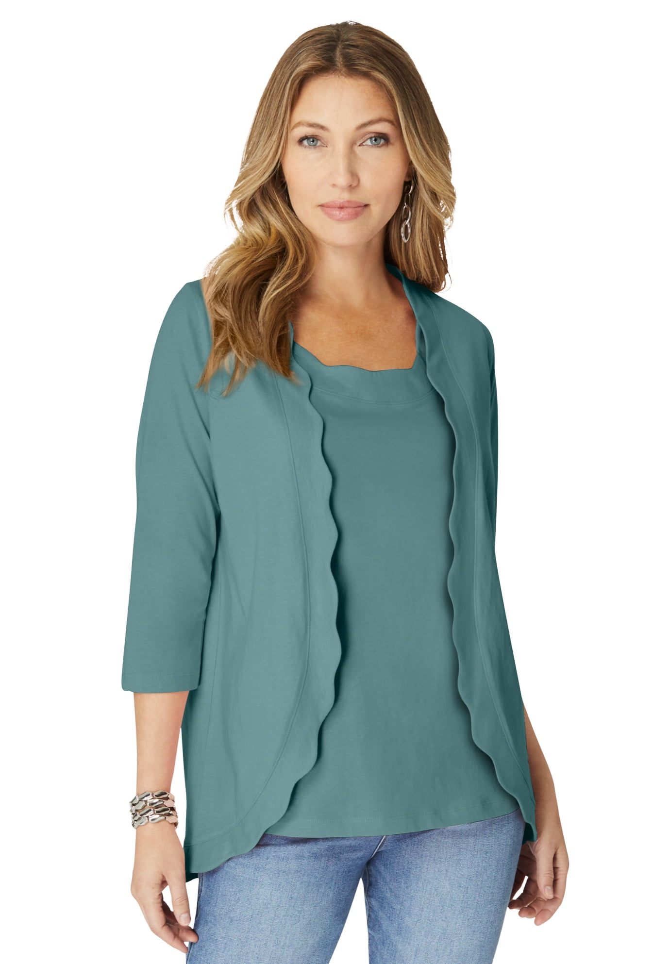 Roaman's Women's Plus Size Scalloped Cardigan And Tank Set - Walmart.com