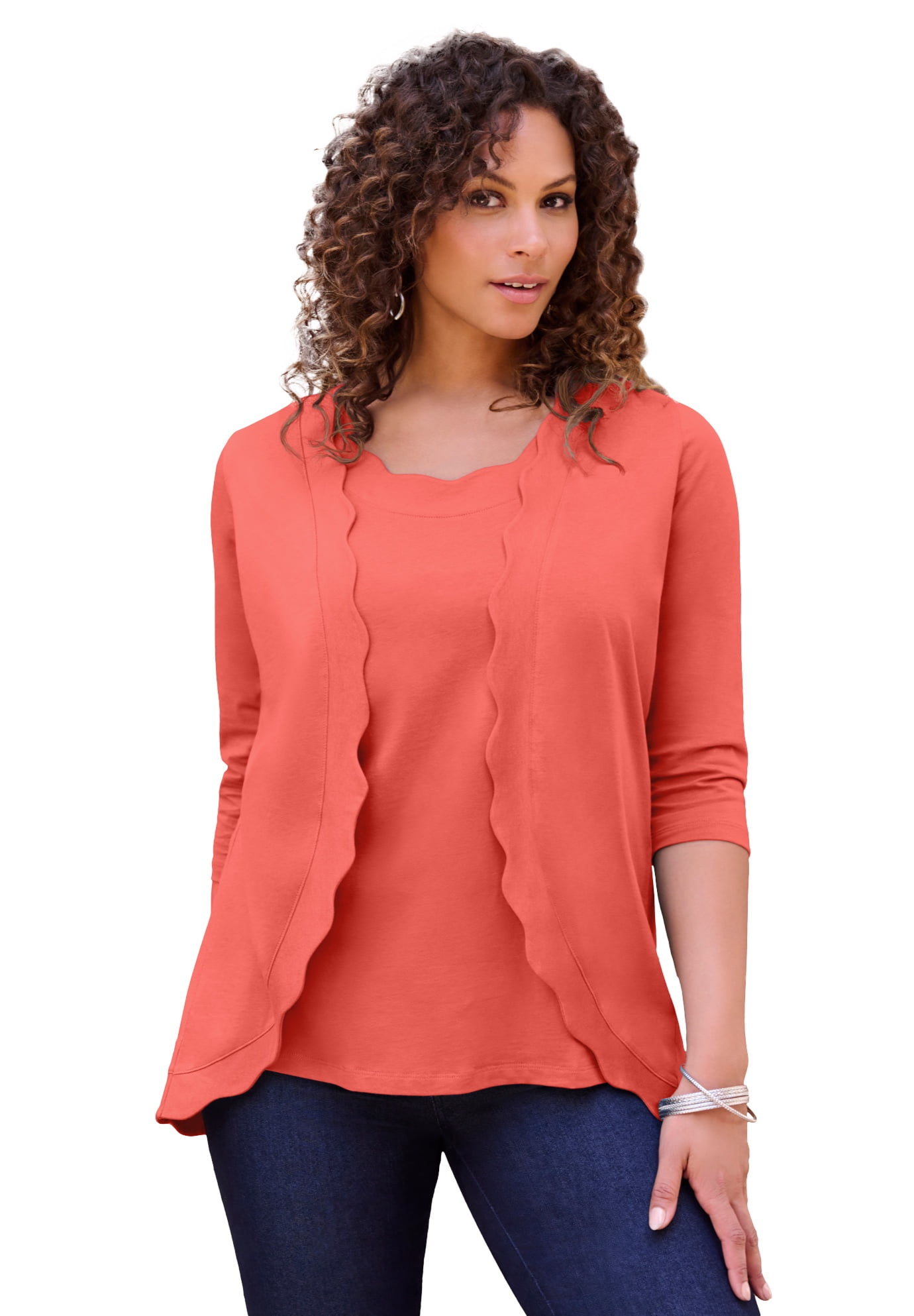 Roaman's Women's Plus Size Scalloped Cardigan And Tank Set - Walmart.com