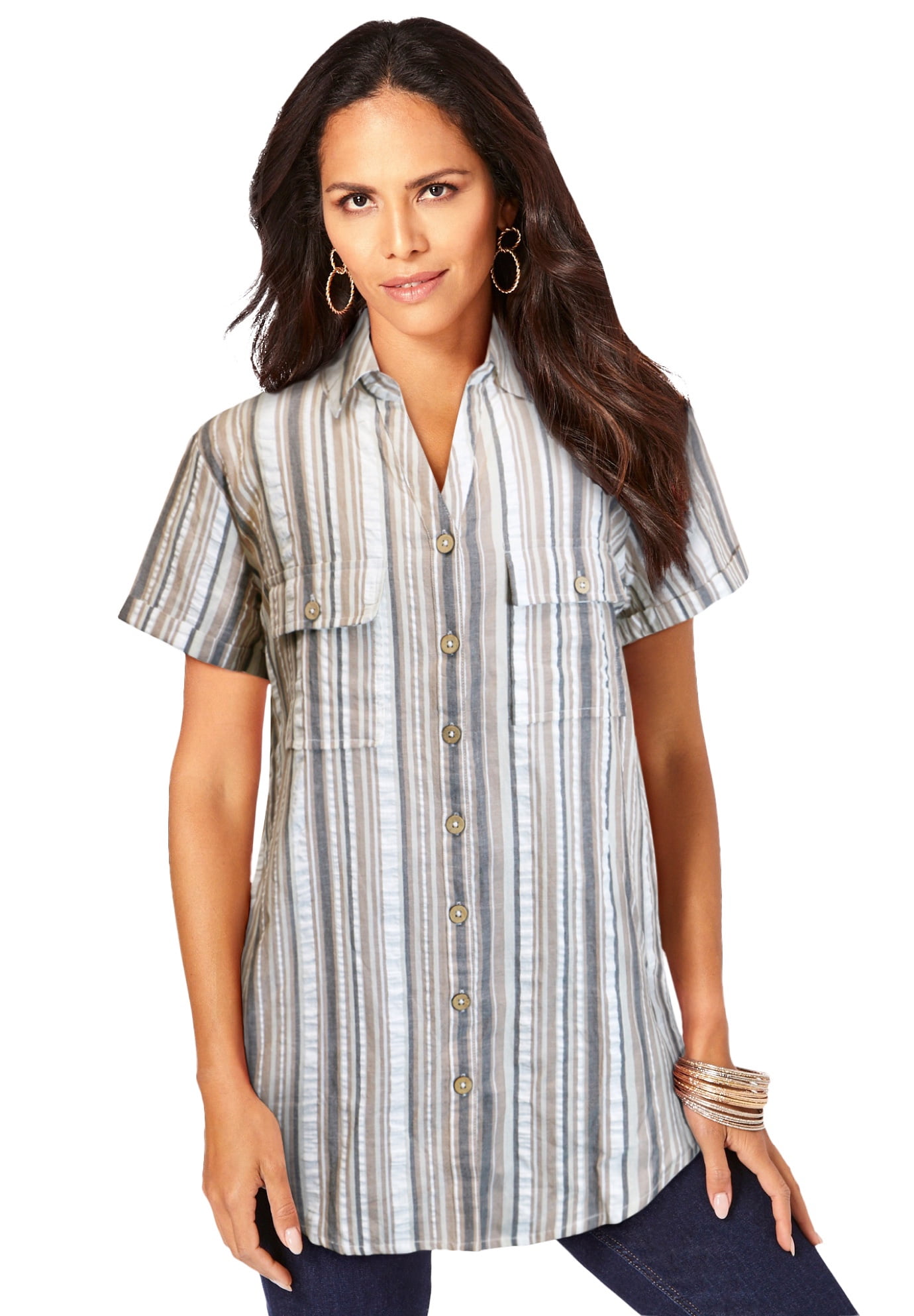 Roaman's Women's Plus Size Seersucker Big Shirt - Walmart.com
