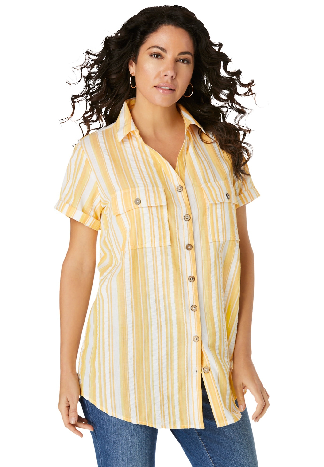 Roaman's Women's Plus Size Seersucker Big Shirt - 42 W, Yellow ...