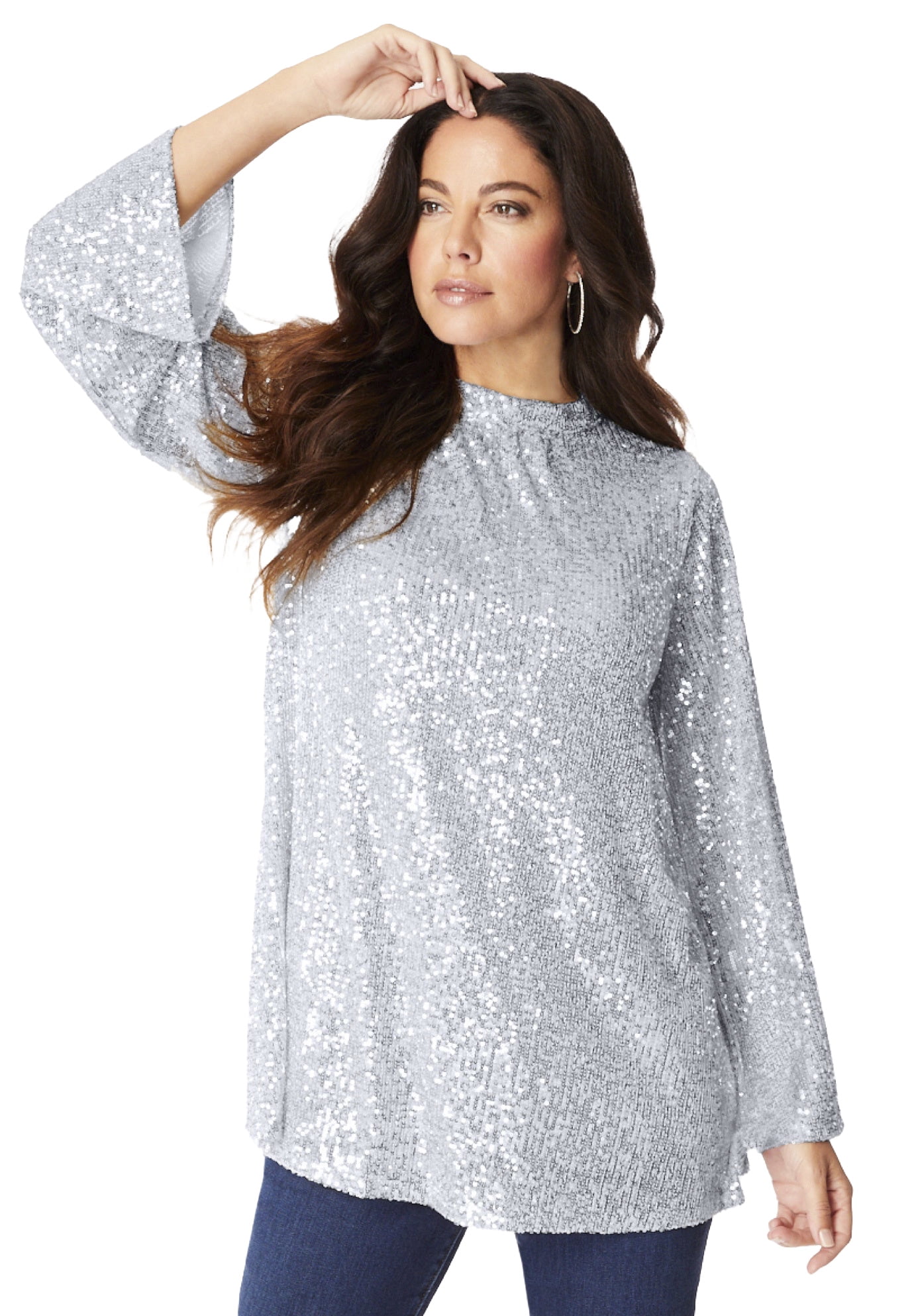 Roaman's Women's Plus Size Sequin Mock Neck Blouse - Walmart.com