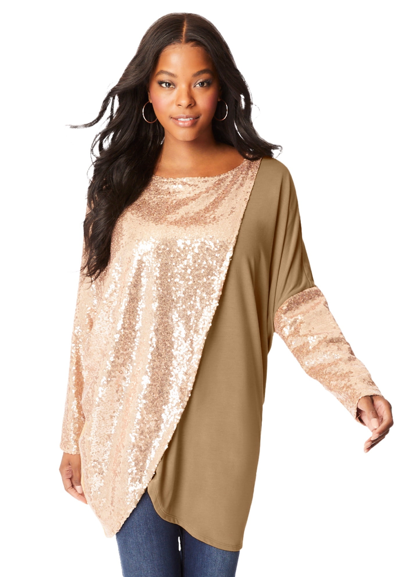 Roaman's Women's Plus Size Sequin Paneled Overlay Top - Walmart.com