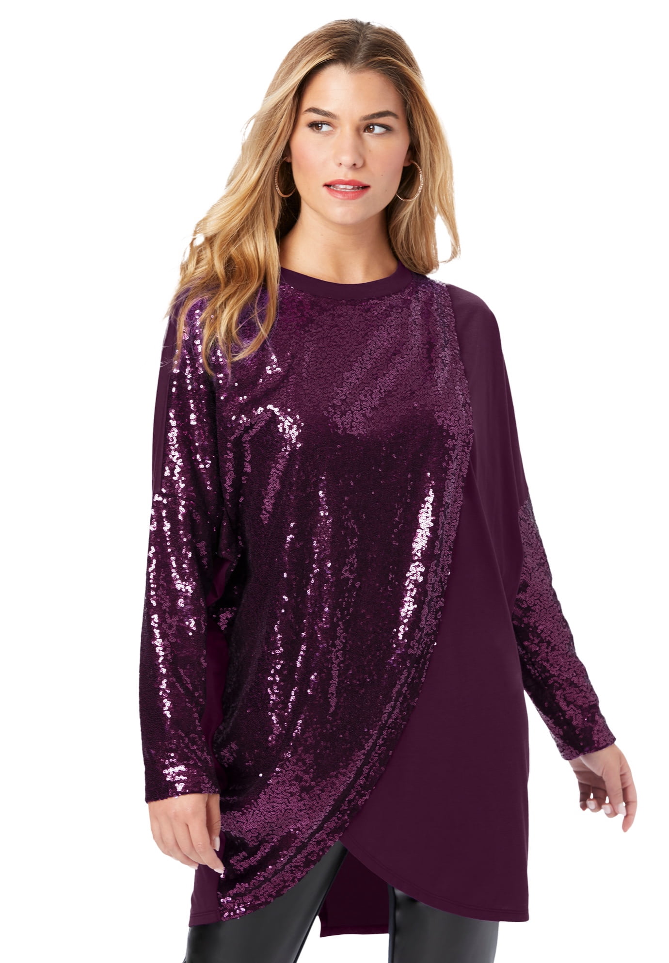 Roaman's Women's Plus Size Sequin Paneled Overlay Top - Walmart.com
