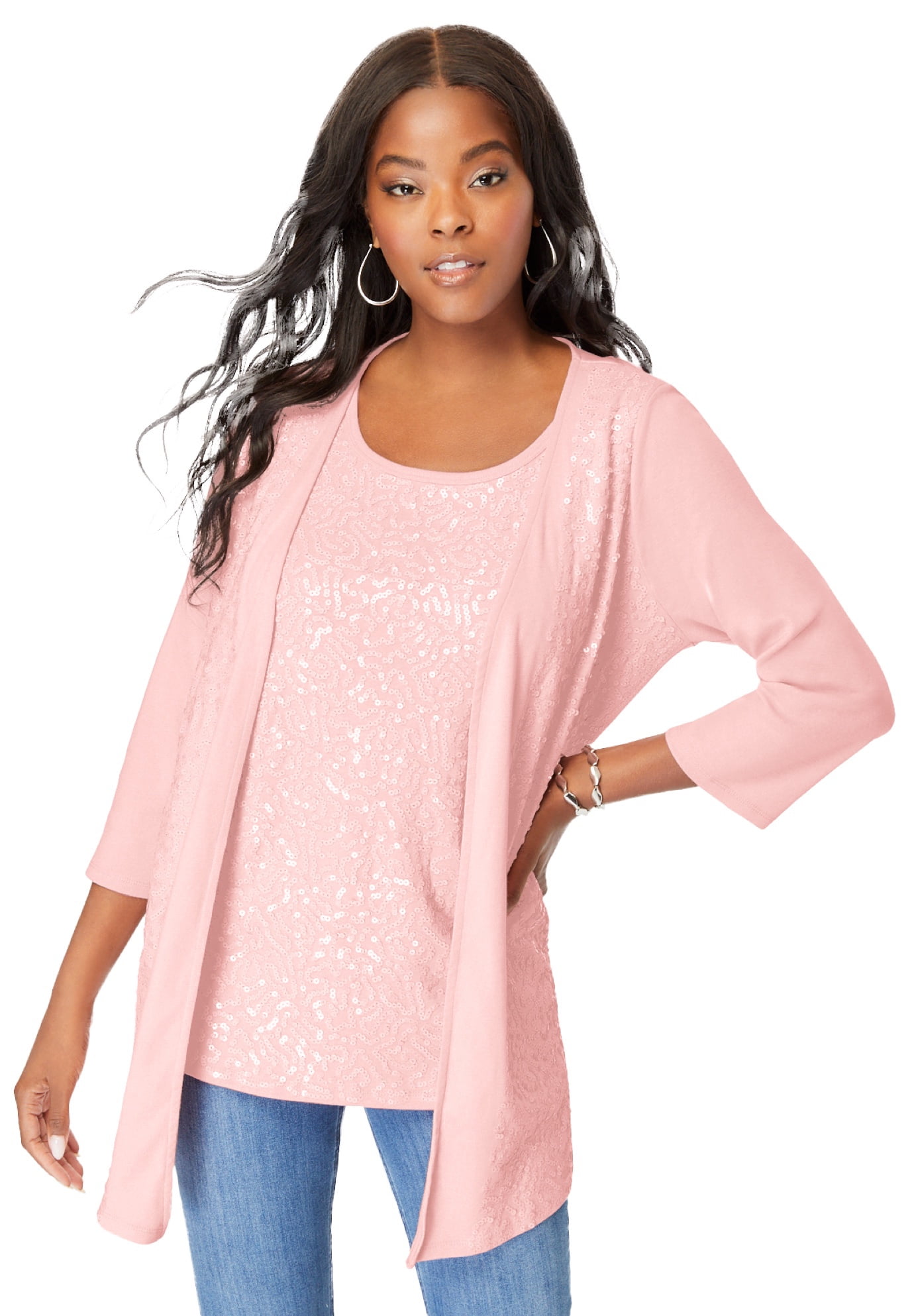 Roaman's Women's Plus Size Sequin-Panelled Tank & Cardigan Set - 12 ...