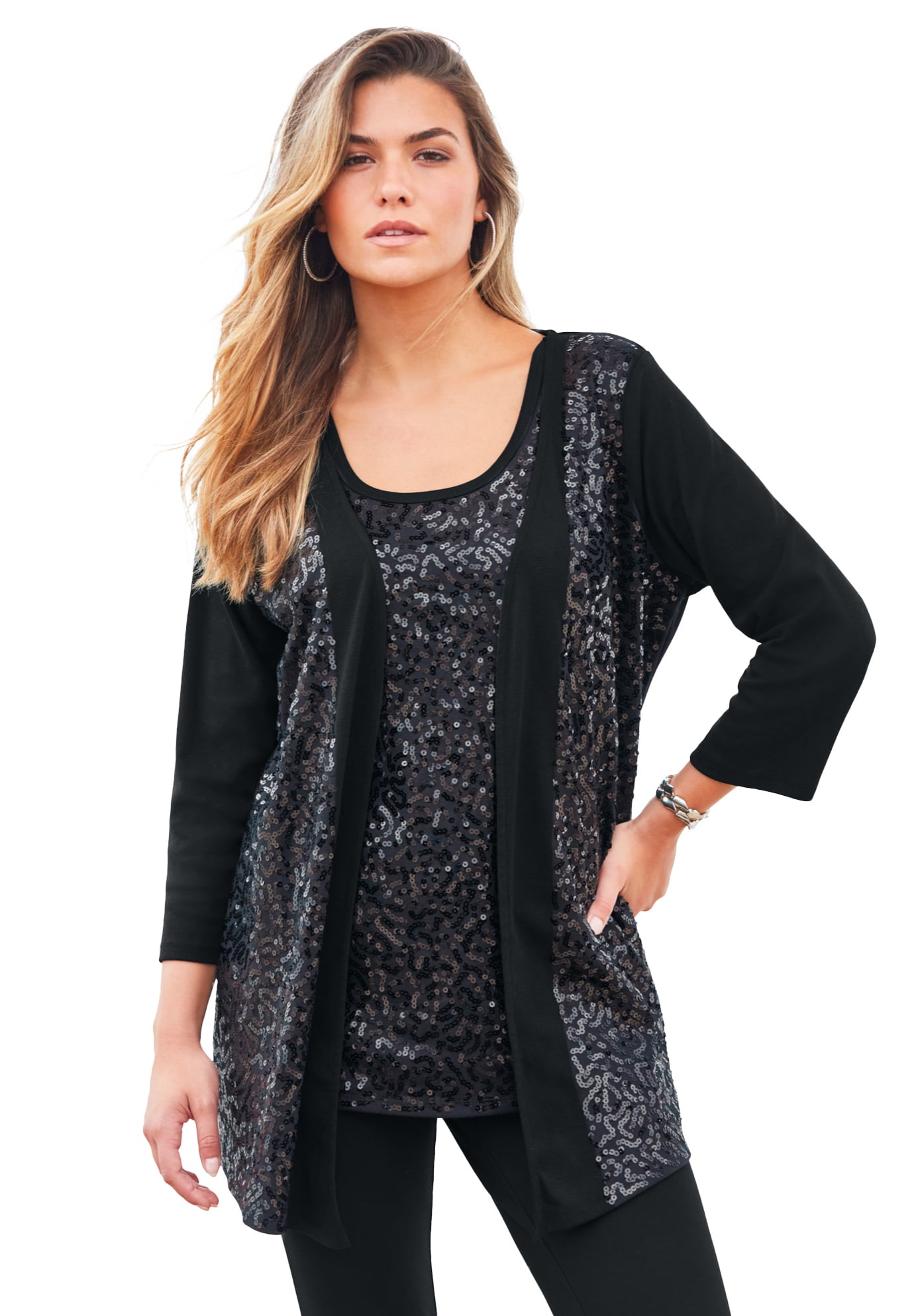Roaman's Women's Plus Size Sequin-Panelled Tank & Cardigan Set ...