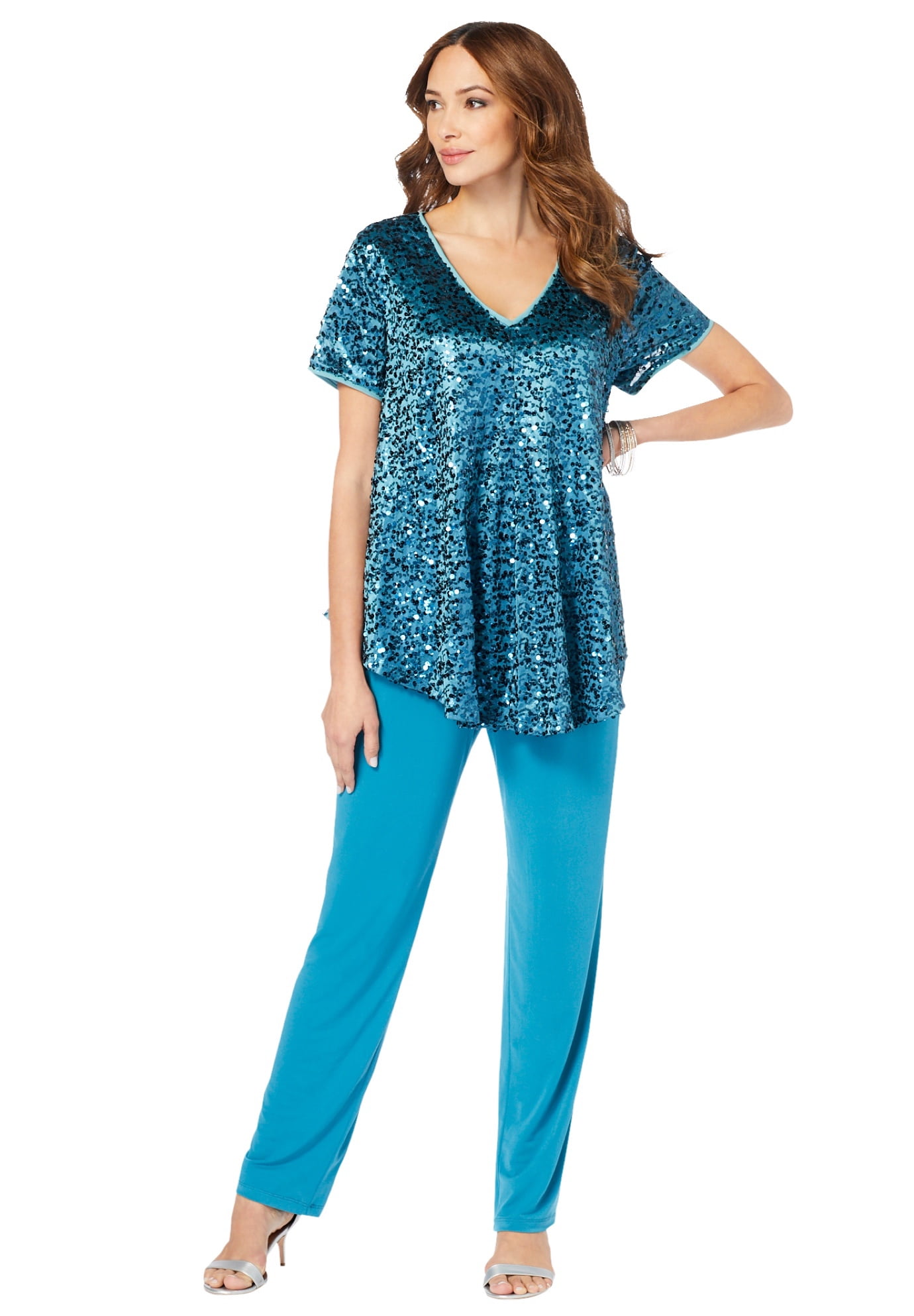 Roaman's Women's Plus Size Sequin Tunic & Pant Set Made In Usa Formal ...