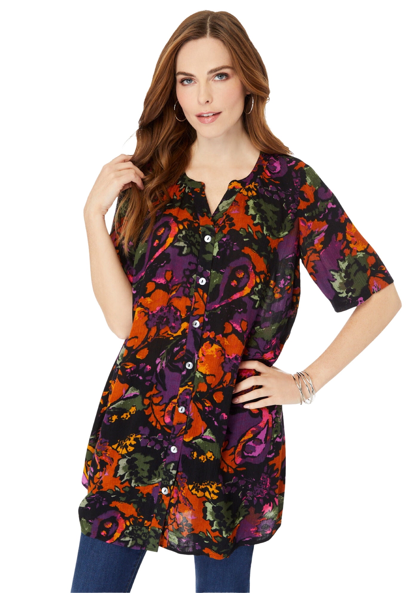 Roamans Womens Plus Size Short Sleeve Angelina Tunic Long Button