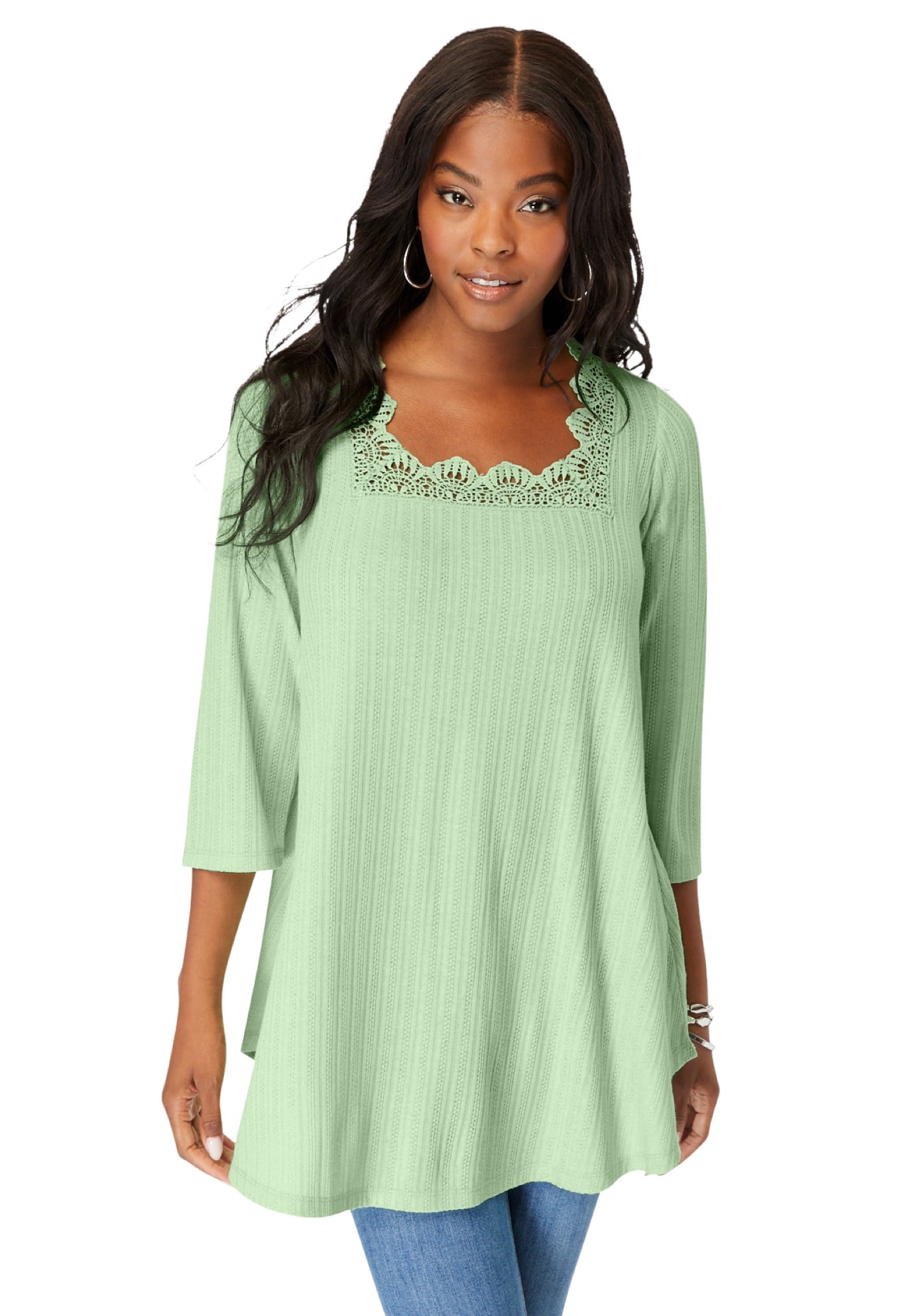 Roaman's Women's Plus Size Squareneck Pointelle Top - Walmart.com