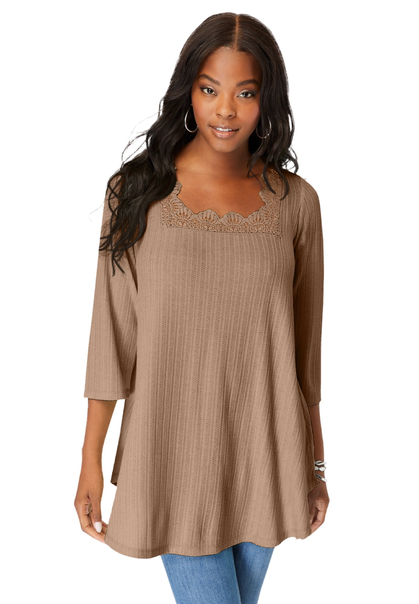 Roaman's Women's Plus Size Squareneck Pointelle Top - Walmart.com