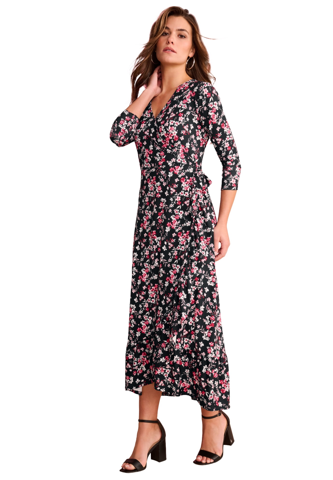 Roaman's Women's Plus Size Stretch Knit Faux Wrap Flounce Sleeve Midi ...
