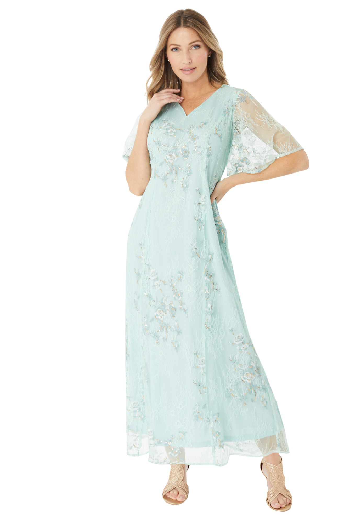 Roaman's Women's Plus Size Sweetheart-Neck Embellished Lace Gown ...