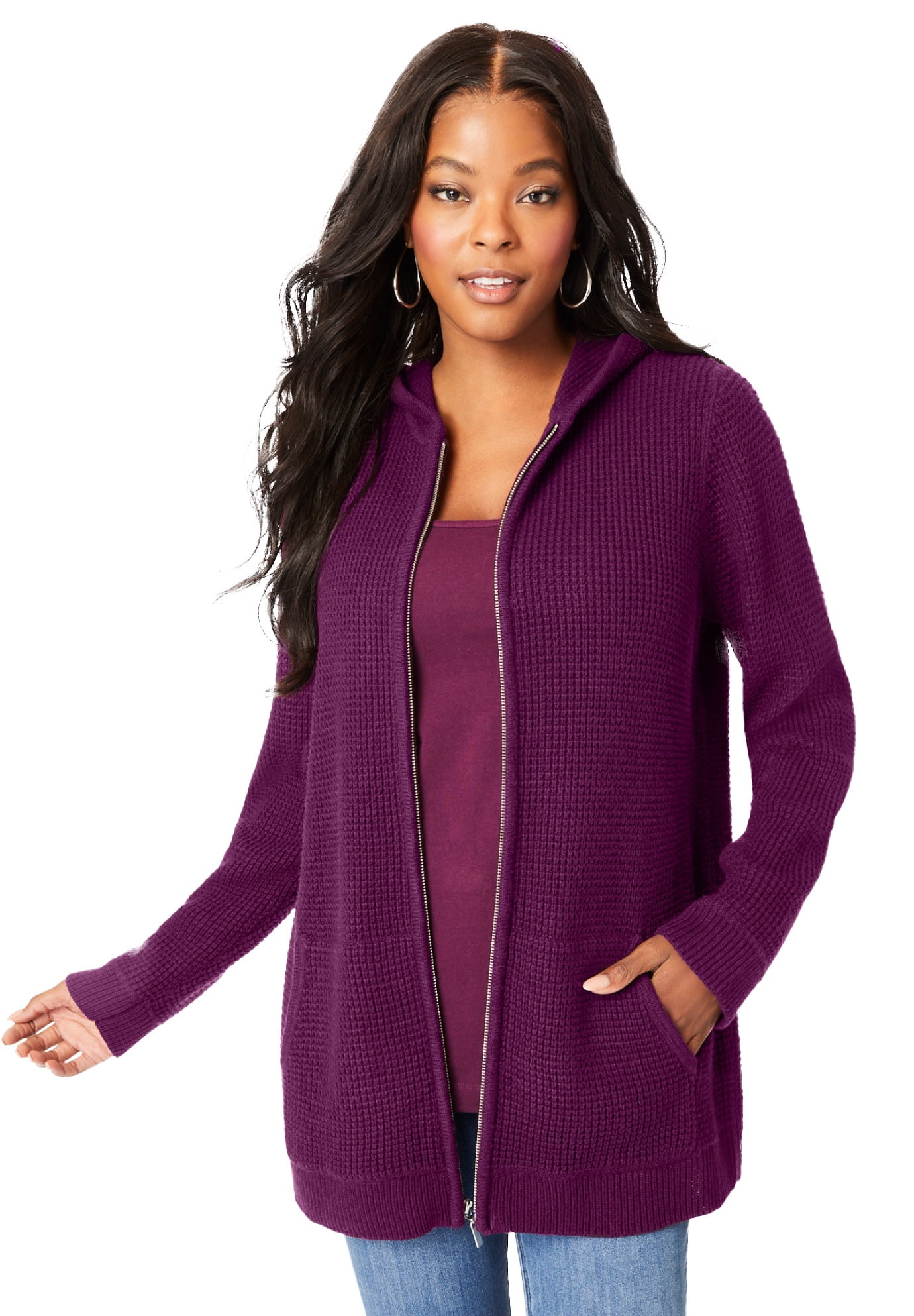 Roamans Womens Plus Size Thermal Waffle Hoodie Zip Up Cardigan