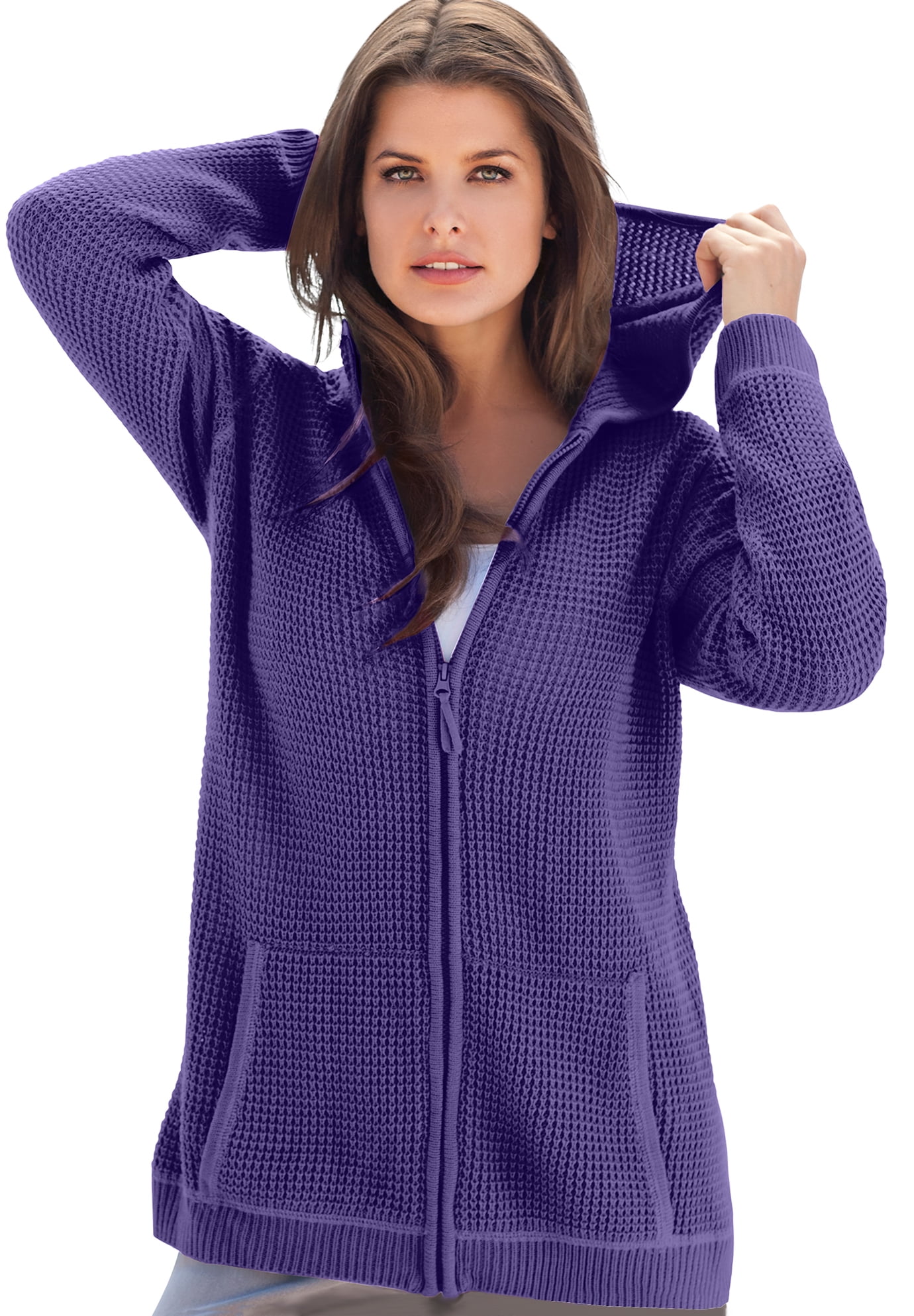 Roamans Womens Plus Size Thermal Waffle Hoodie Zip Up Cardigan