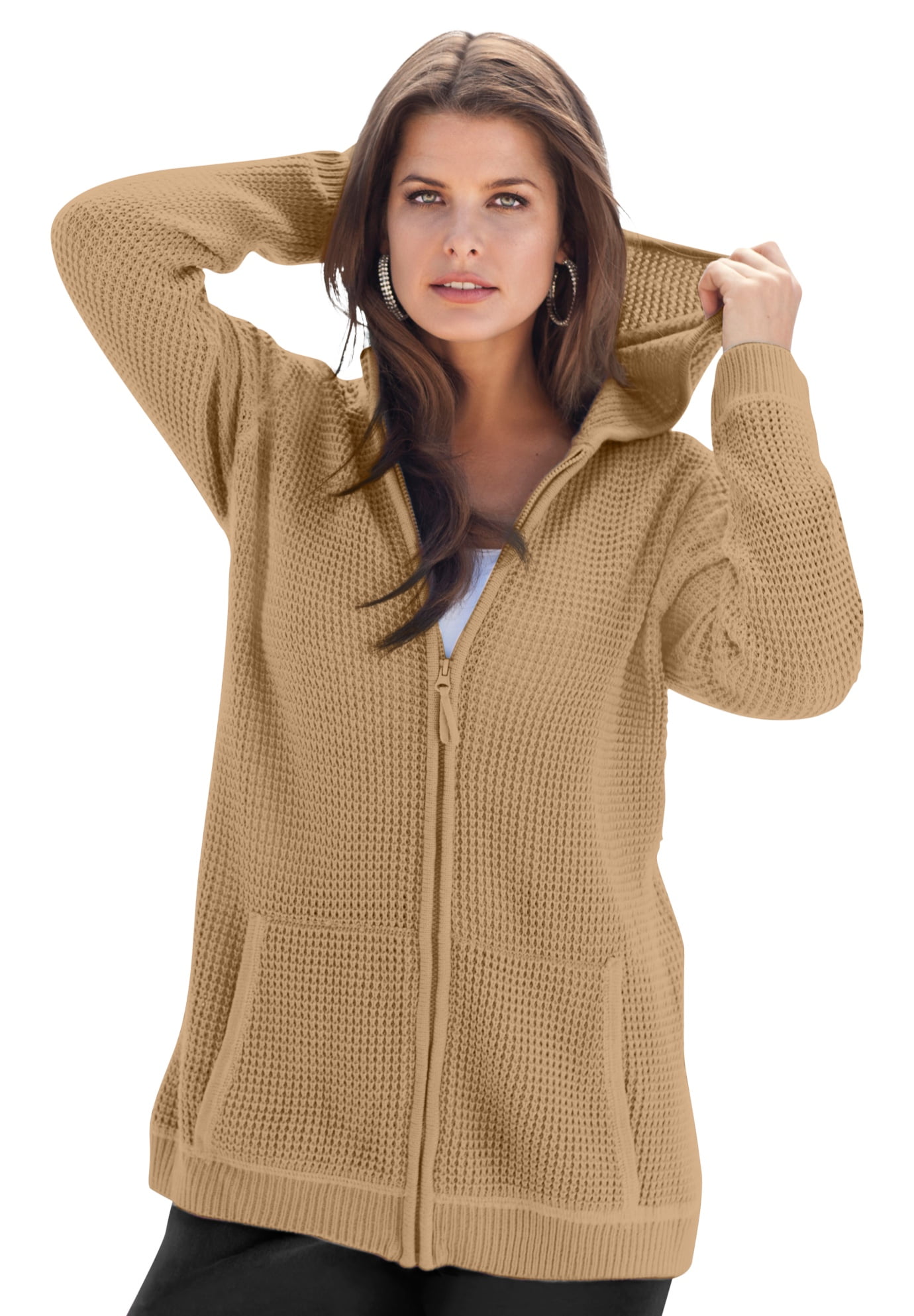 Roaman's Women's Plus Size Thermal Waffle Hoodie Zip Up Cardigan Jacket ...