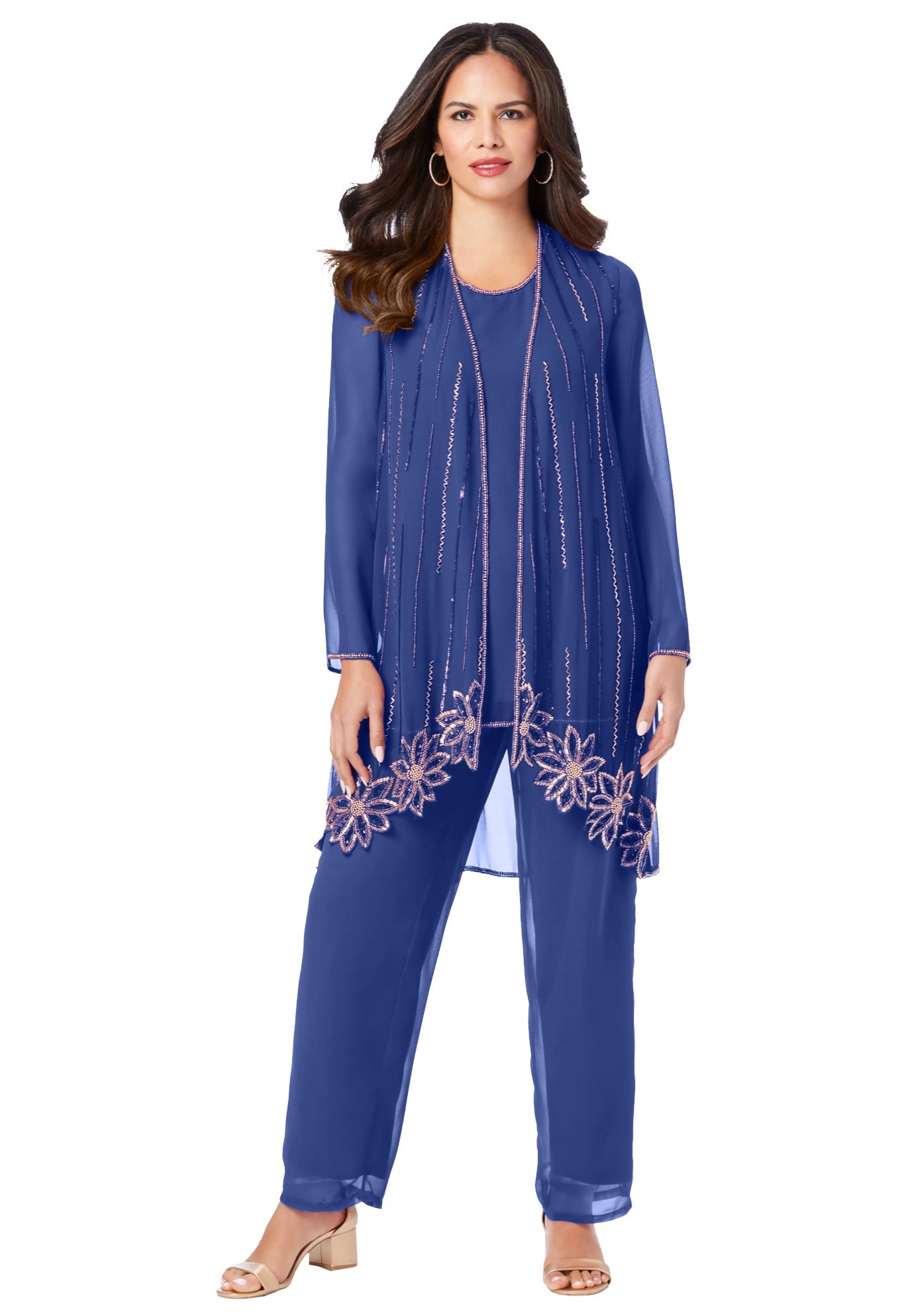 Roaman's Women's Plus Size Floral Beaded Pant Set - Walmart.com