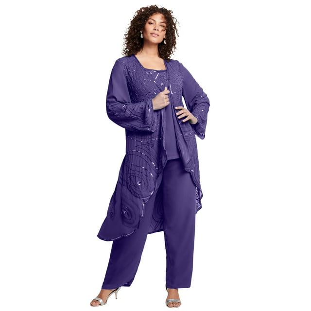 Roamans Womens Plus Size Three Piece Beaded Pant Suit