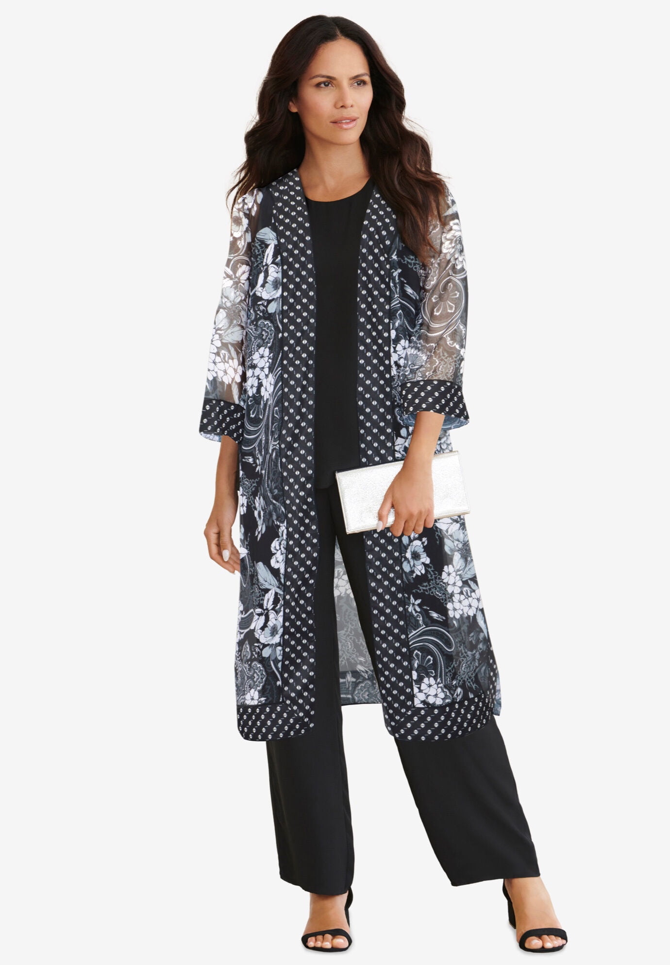 Roamans Womens Plus Size Three Piece Duster And Pant Suit Formal Sheer Duster Pull On Wide Leg