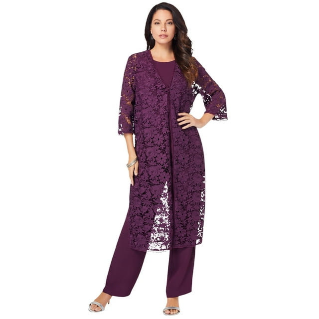 Roamans Womens Plus Size Three Piece Lace Duster And Pant Suit