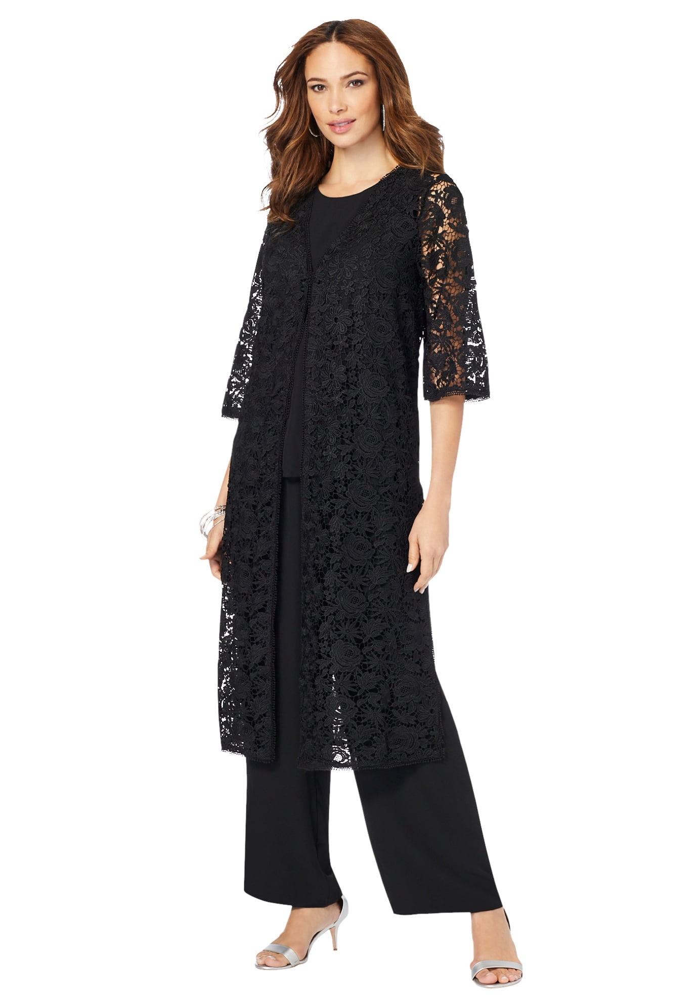 Roaman's Women's Plus Size Three-Piece Lace Duster & Pant Suit ...