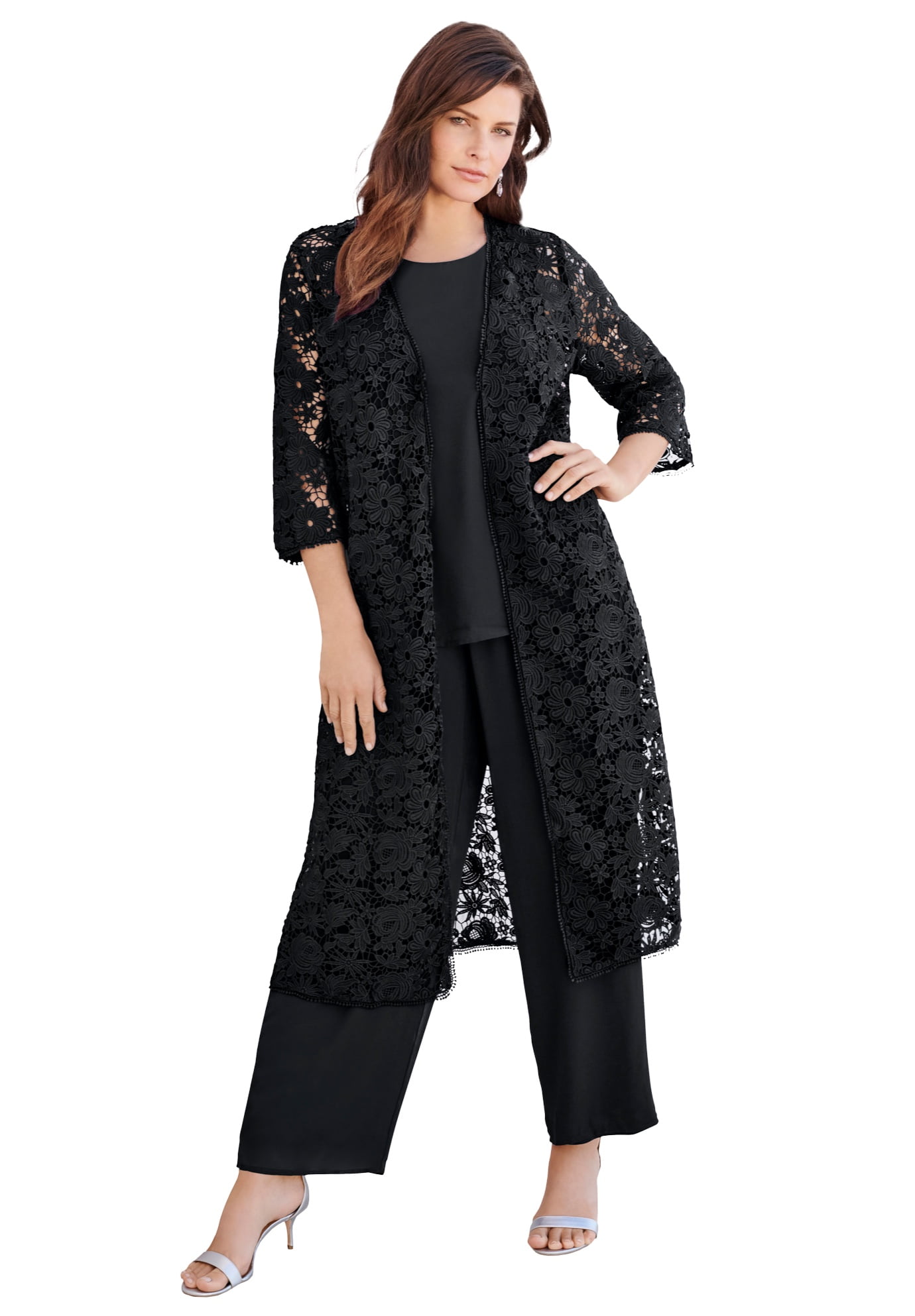 Roaman's Women's Plus Size Petite Lace Duster Pant Set - Walmart.com