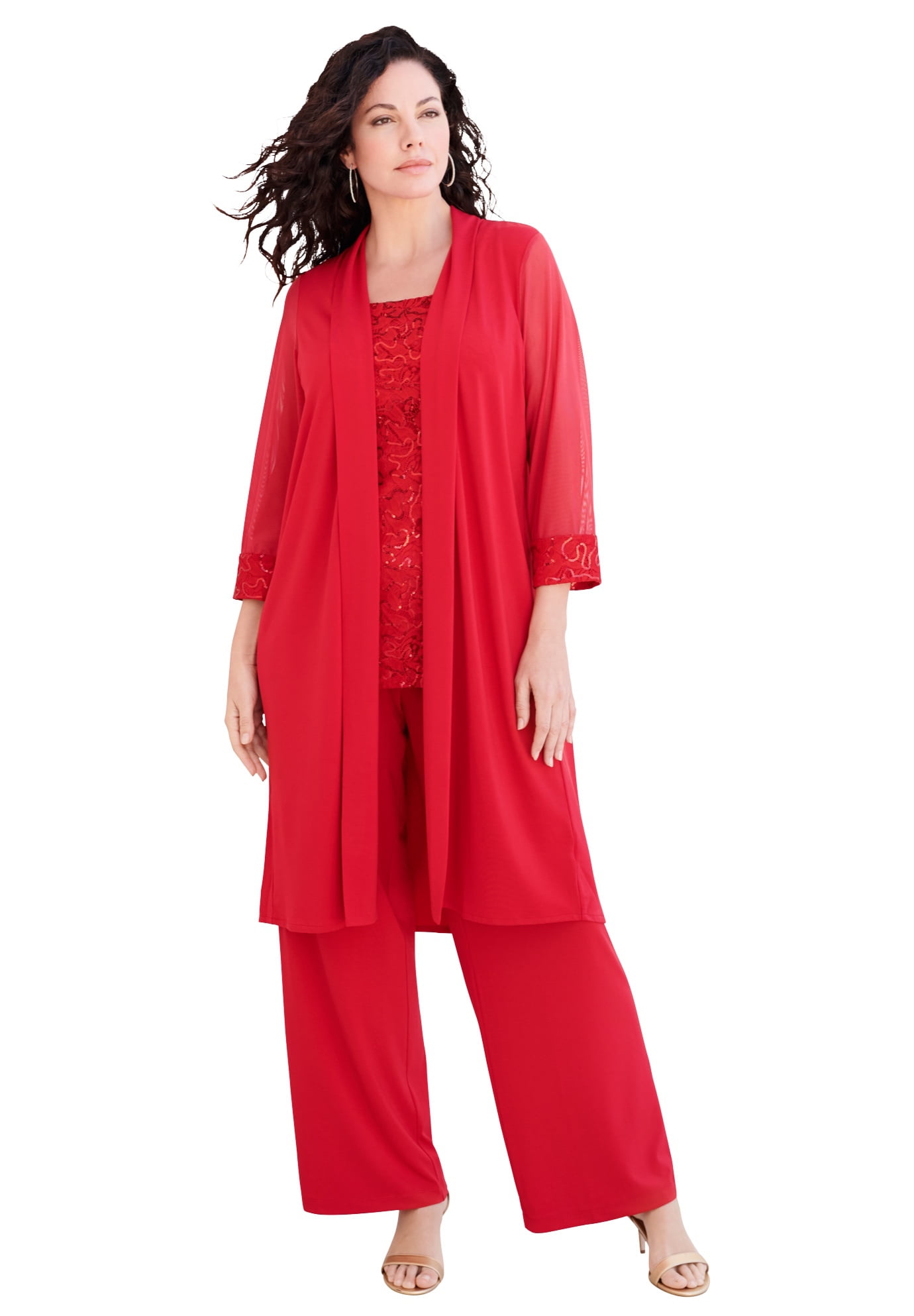 Roaman's Women's Plus Size Three-Piece Lace & Sequin Duster Pant Set ...