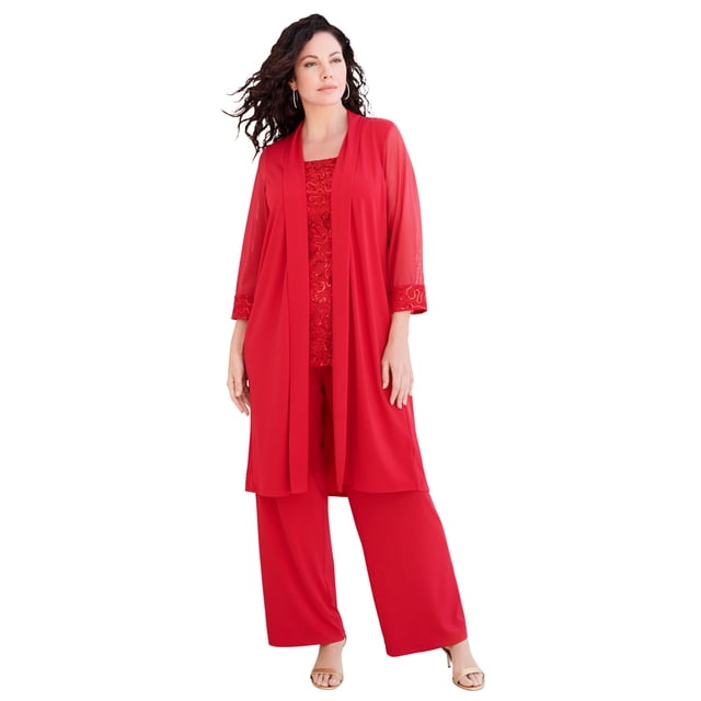 Roaman's Women's Plus Size Three-Piece Lace & Sequin Duster Pant Set ...