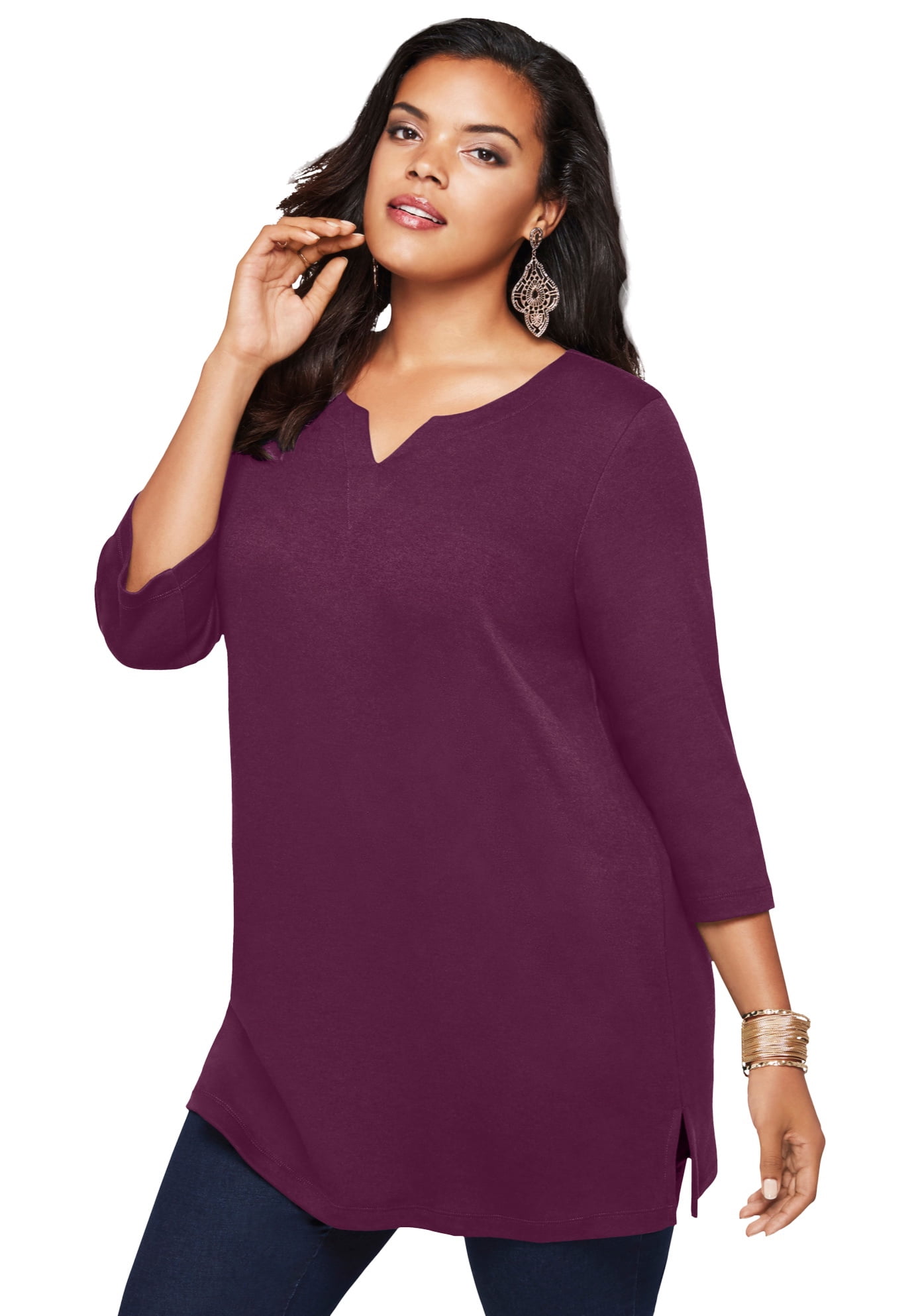 Roaman's Women's Plus Size Three Quarter Notch Neck Soft Knit Tunic ...