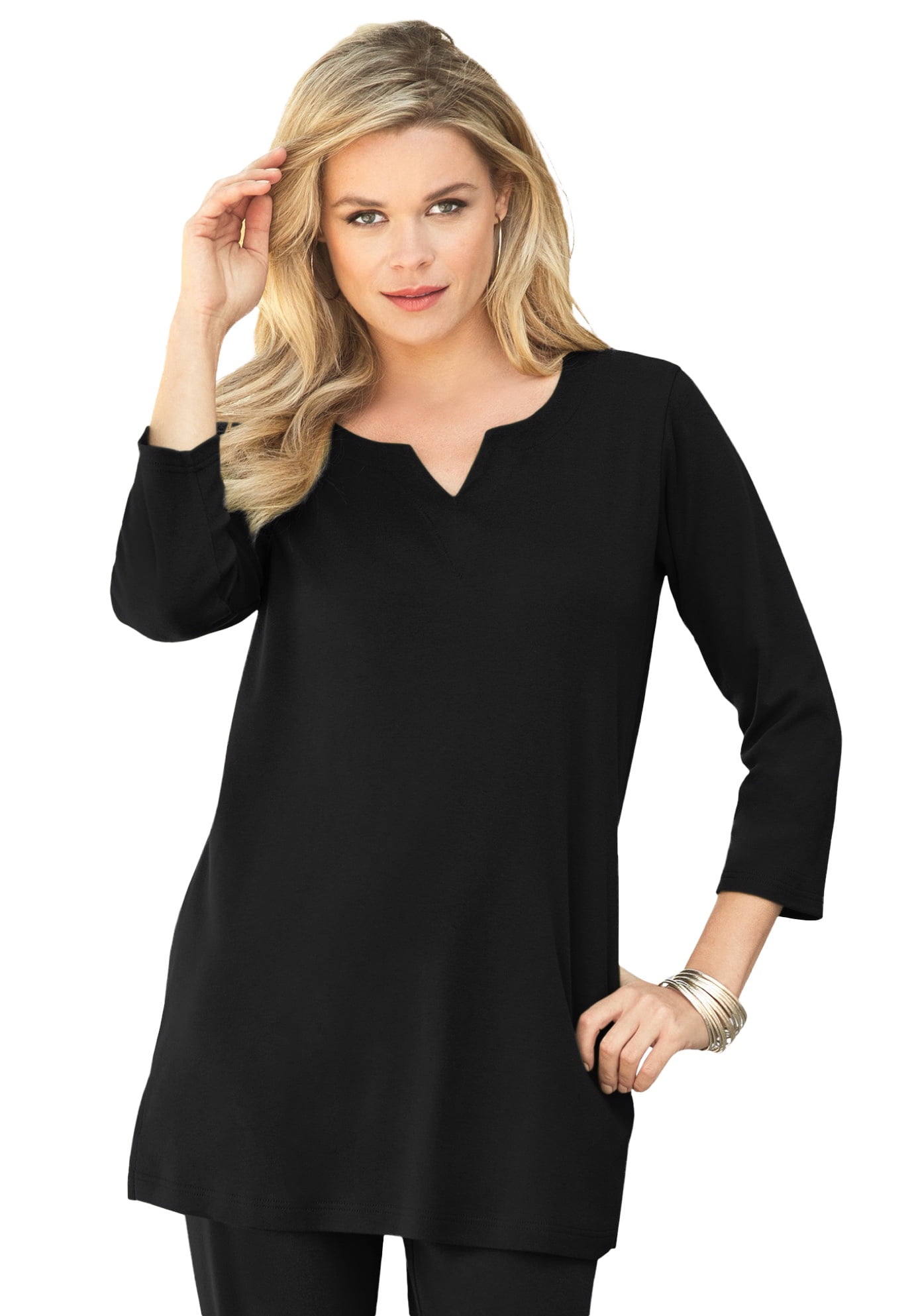 Roaman's Women's Plus Size Plus Size Three-Quarter Sleeve Notch Neck ...