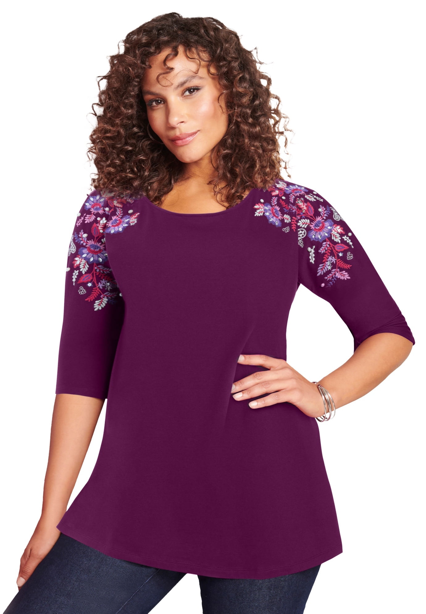 Roaman's Women's Plus Size Three-Quarter Sleeve Embellished Tunic ...