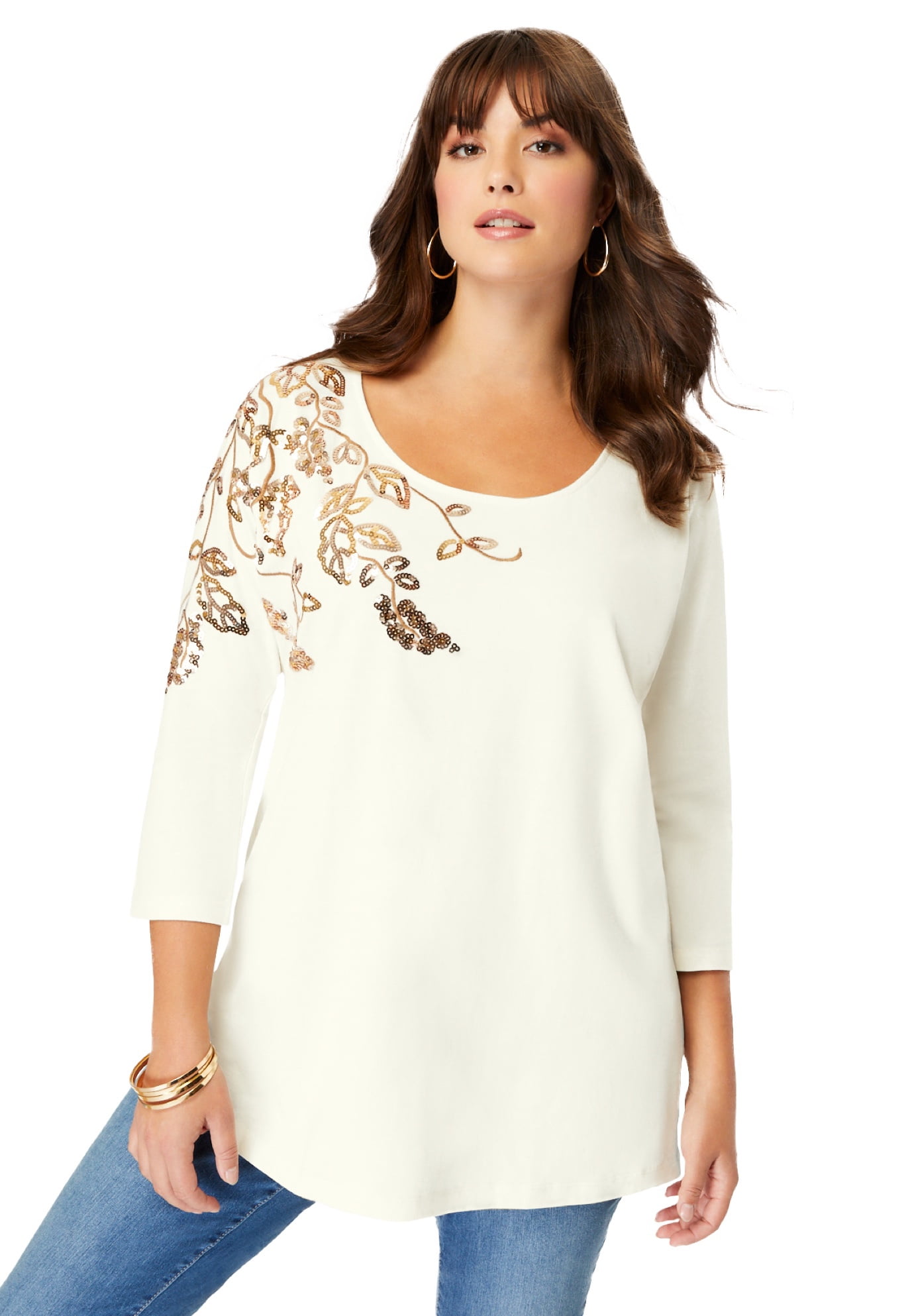 Roaman's Women's Plus Size Three-Quarter Sleeve Embellished Tunic ...