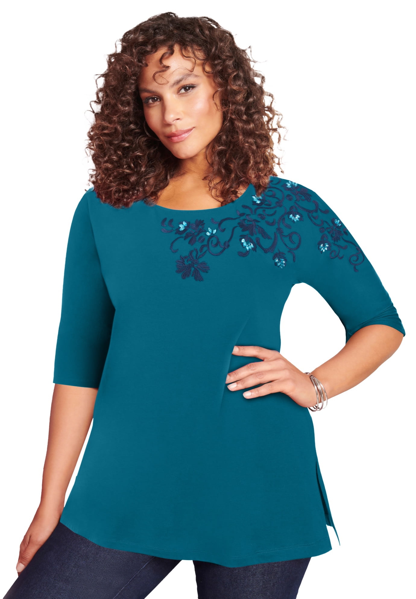 Roaman's Women's Plus Size Three-Quarter Sleeve Embellished Tunic ...