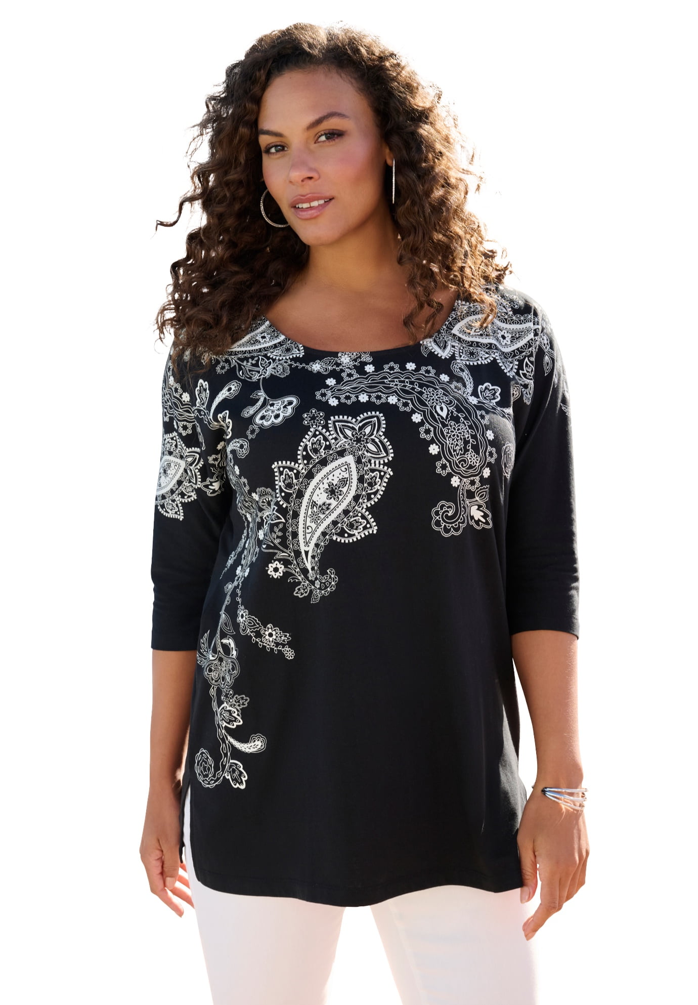 Roaman's Women's Plus Size Three Quarter Sleeve Embellished Tunic ...