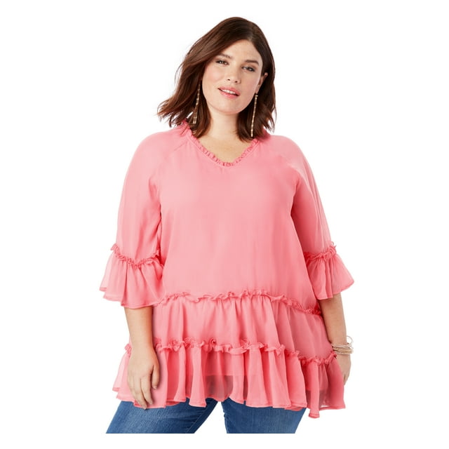 Roamans Womens Plus Size Tiered Ruffle Tunic With Bell Sleeves
