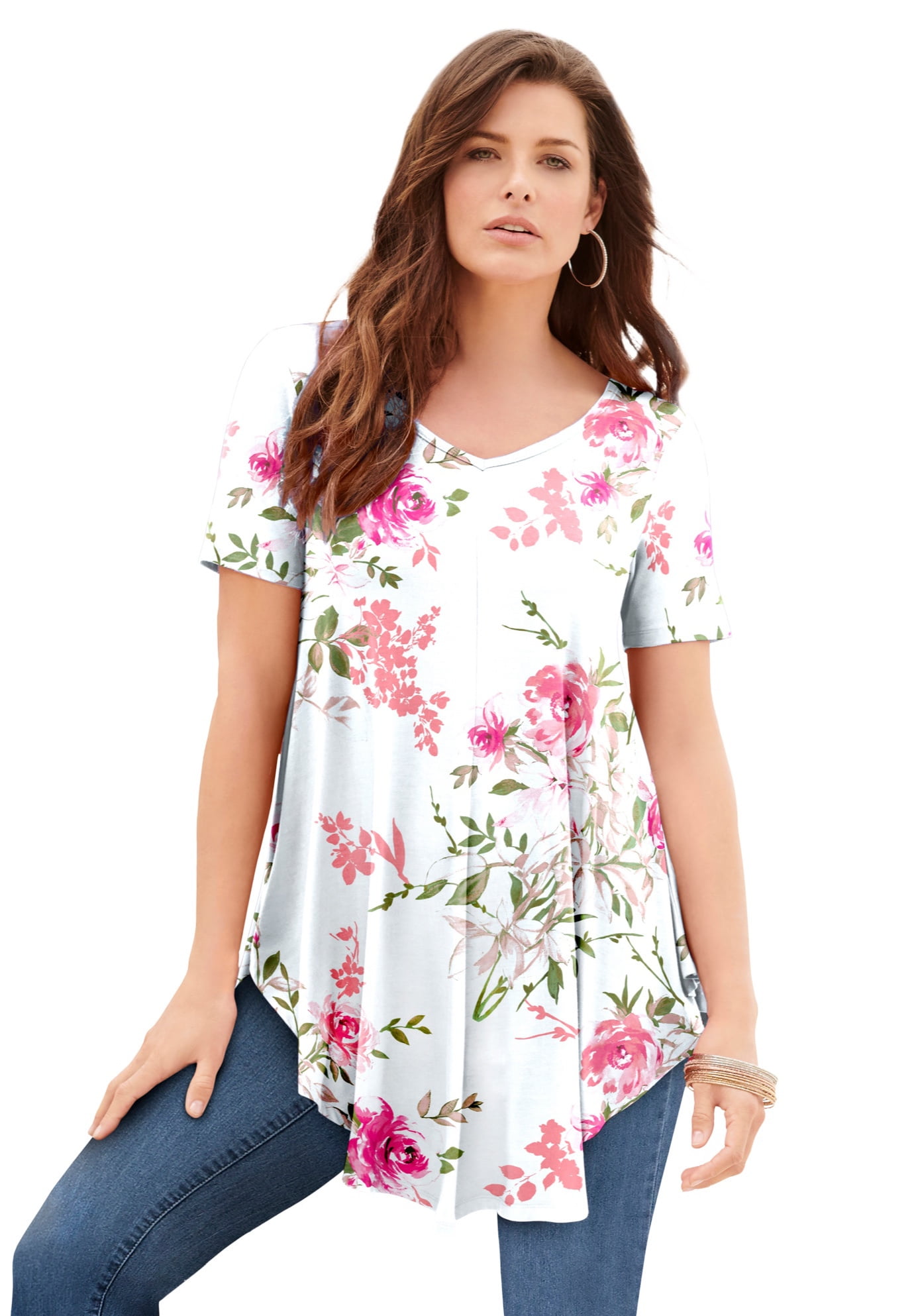 Roaman's Women's Plus Size V Neck Swing Ultra Drape Tunic - Walmart.com