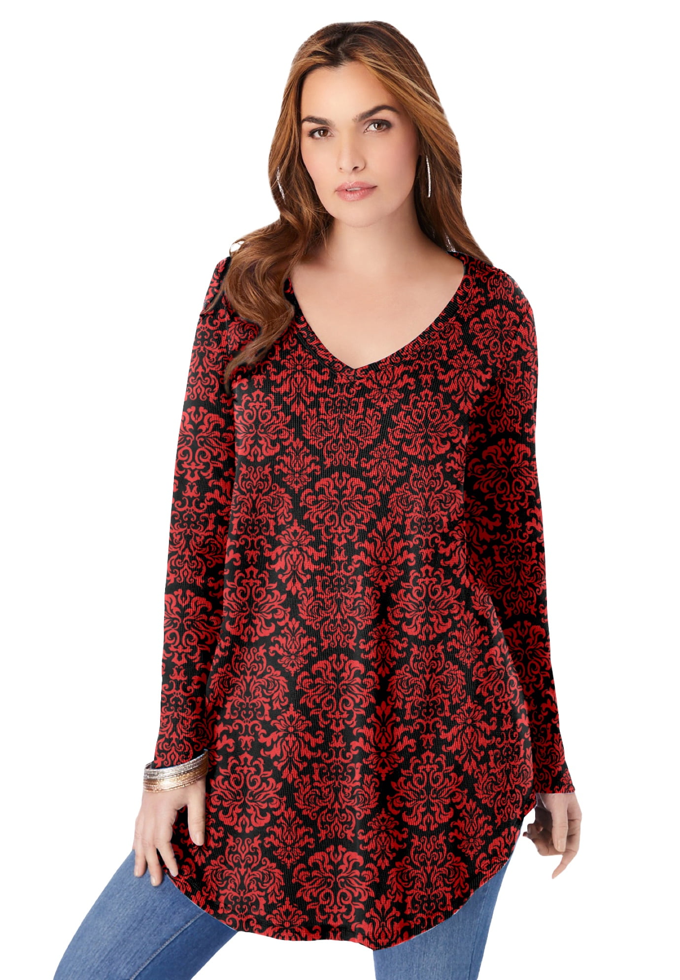 Roaman's Women's Plus Size Knit Thermal V Neck Swing Tunic – Long ...