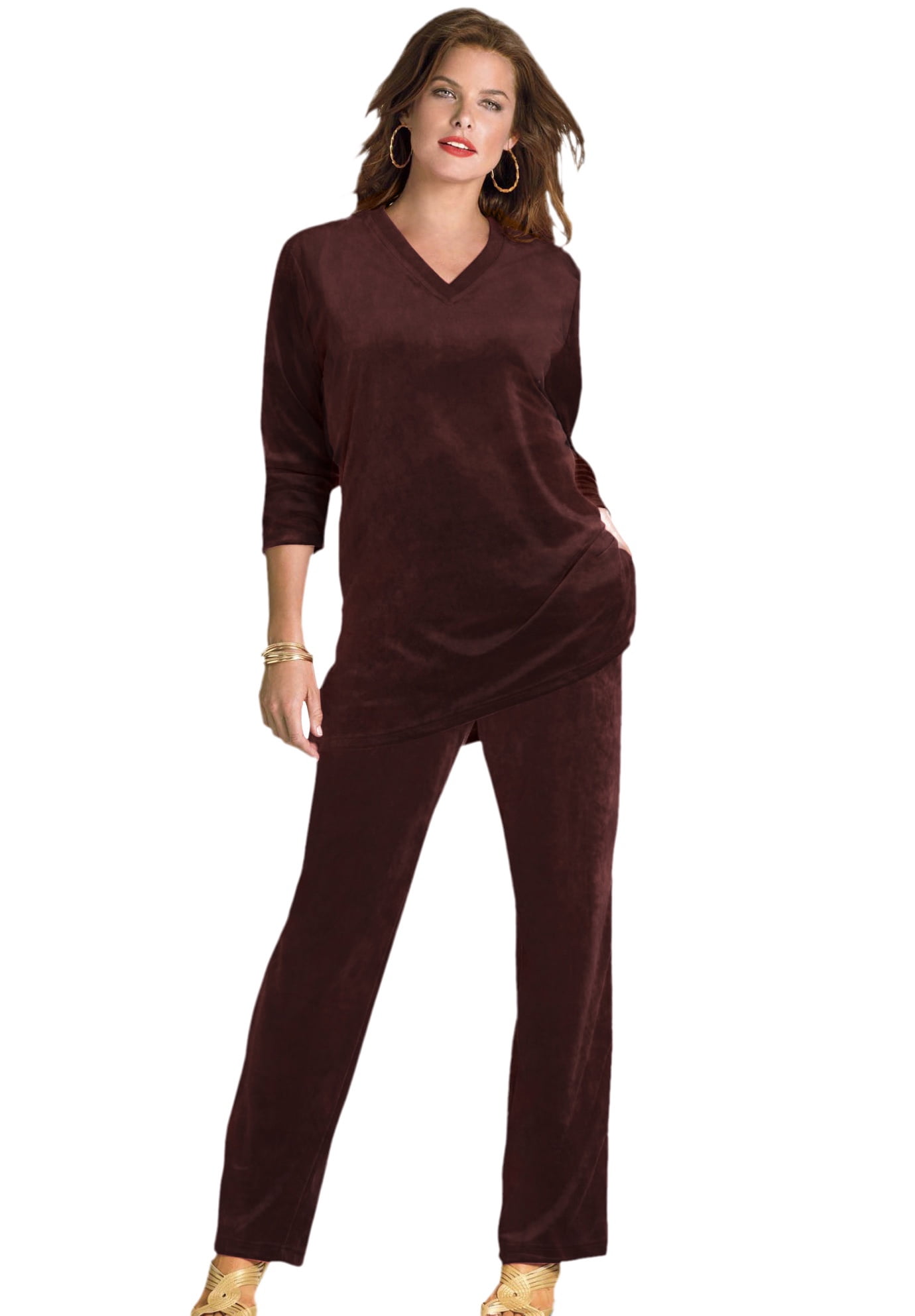 Roaman's Women's Plus Size Plus Size Two-Piece V-Neck Velour Set ...