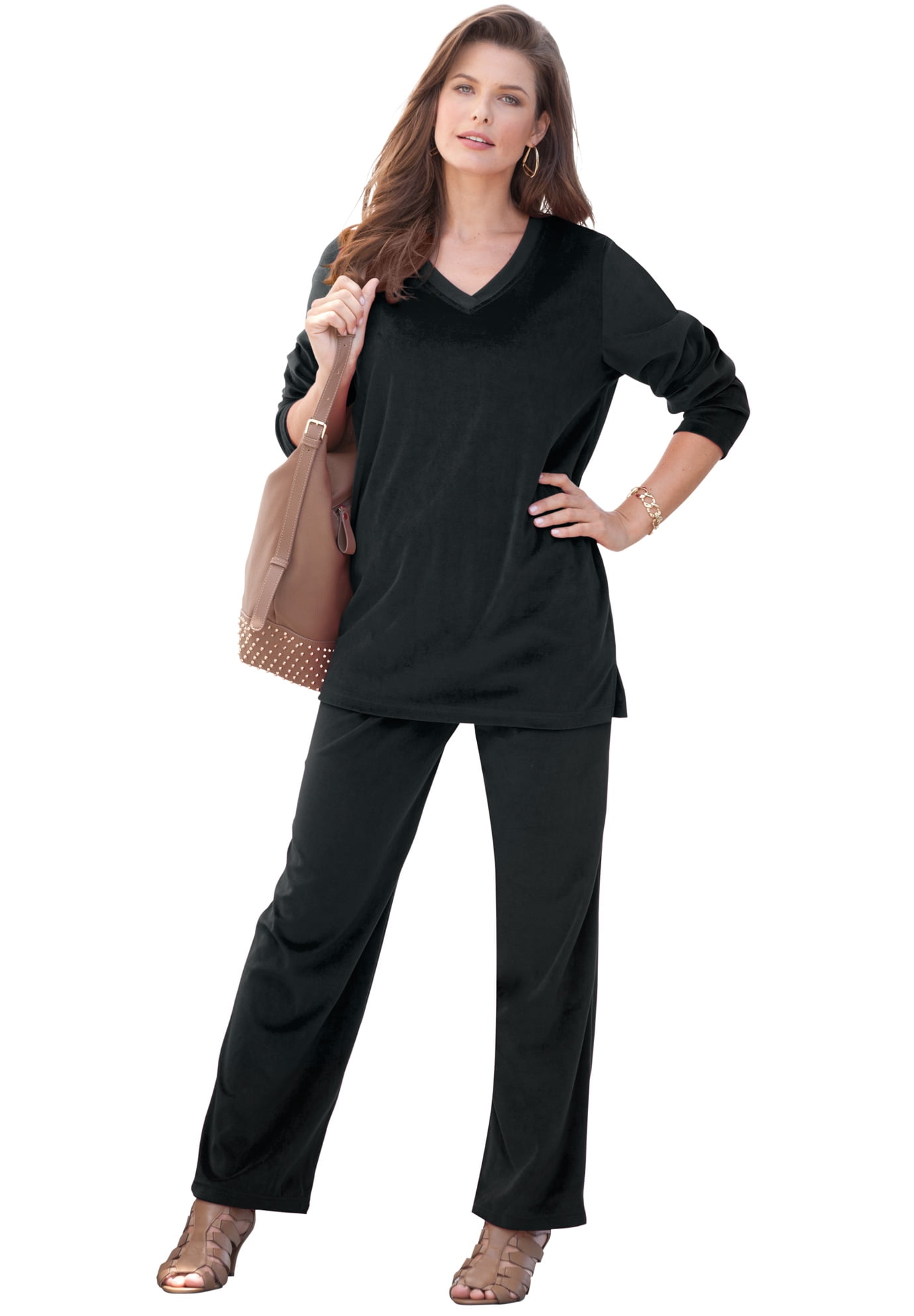 Roaman's Women's Plus Size Plus Size Two-Piece V-Neck Velour Set ...