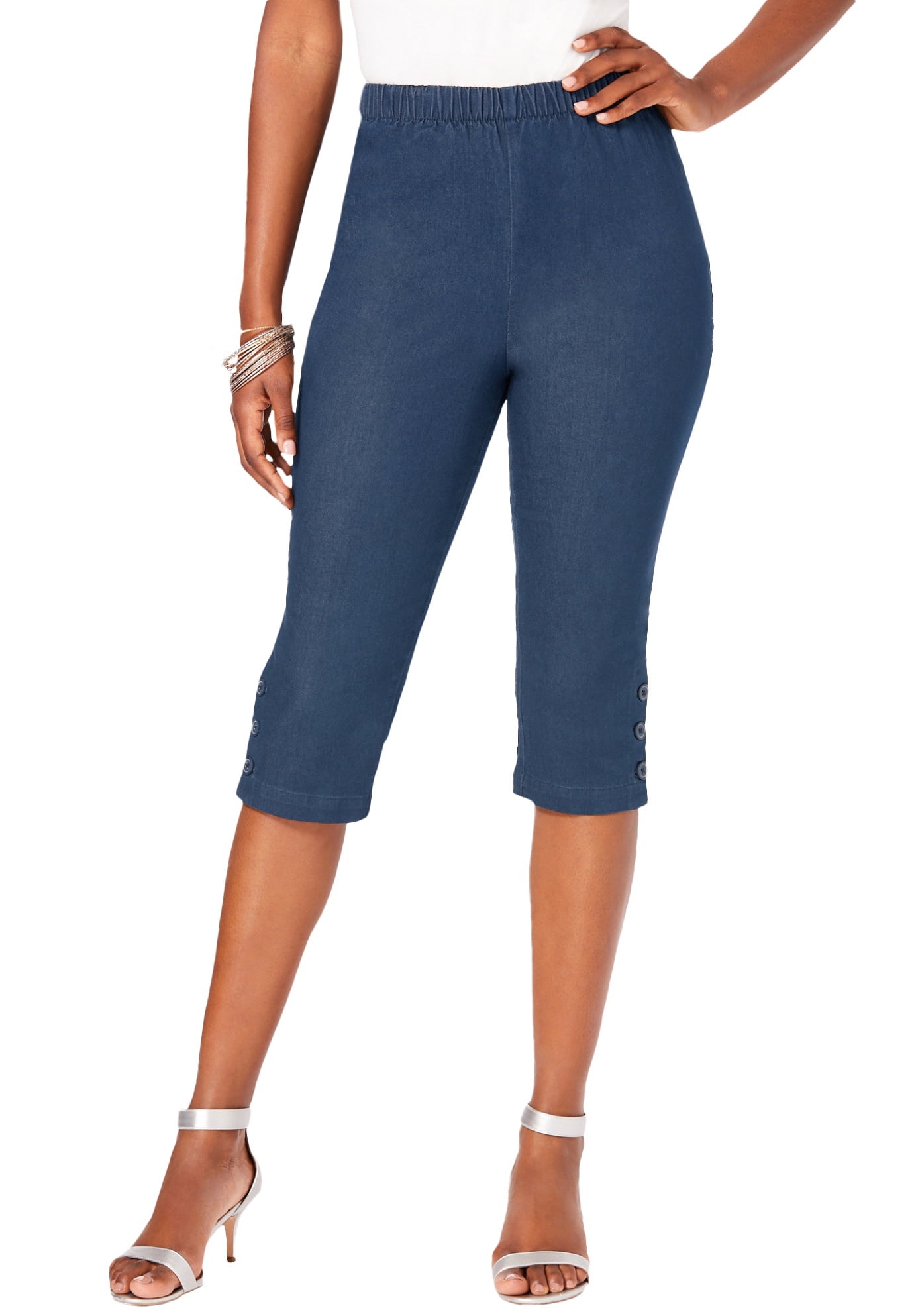 Roamans Women's Plus Size Pull-On Button-Detail Stretch Capri Jean ...